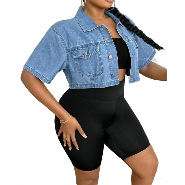 Women's Casual Plain Collar Light Wash Short Sleeve Plus Size Denim ...