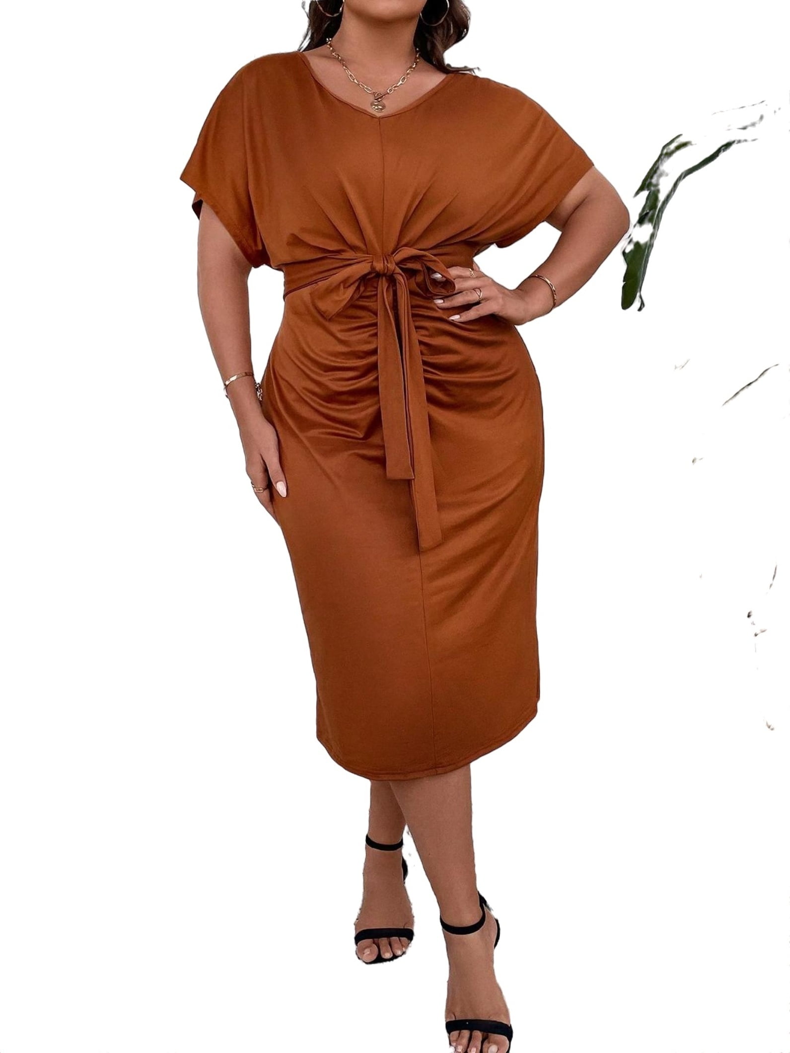 Women's Casual Plain Fitted V neck Burnt Orange Short Sleeve Plus Size ...