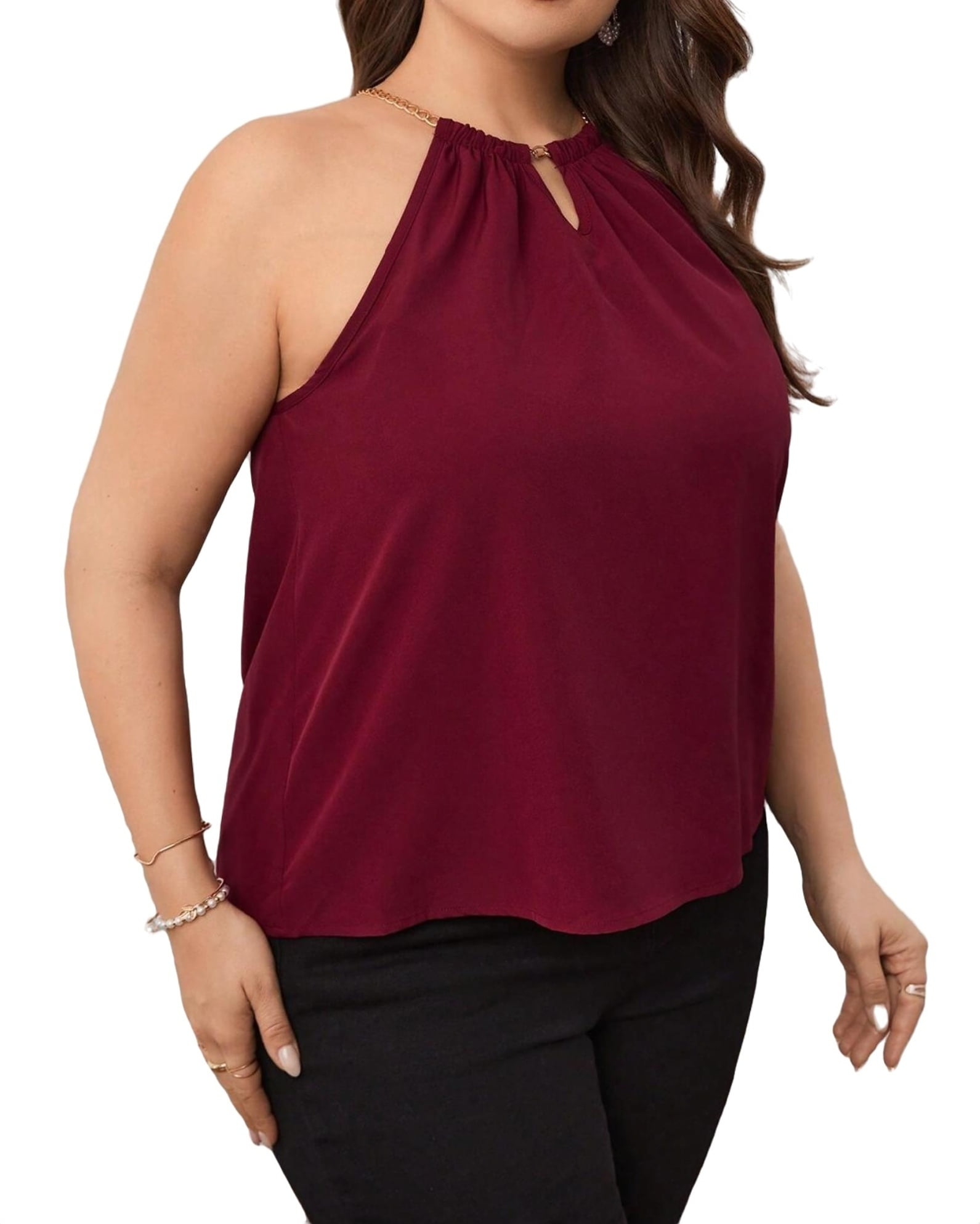 Women's Casual Plain Halter Sleeveless Burgundy Plus Size Blouses 3XL ...