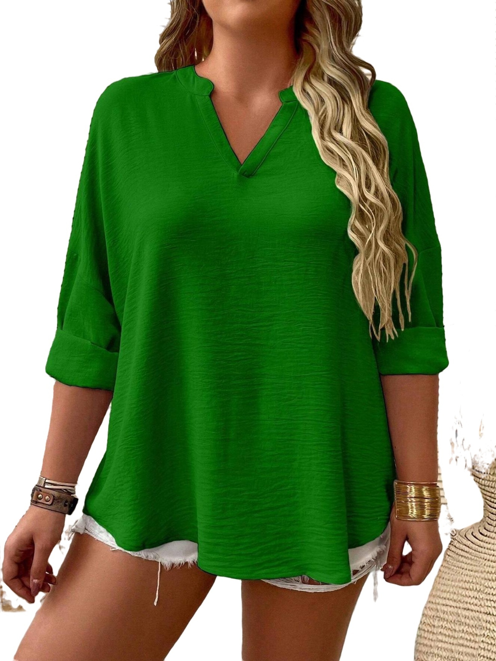 Women's Casual Plain Notched Long Sleeve Green Plus Size Blouses 4XL ...