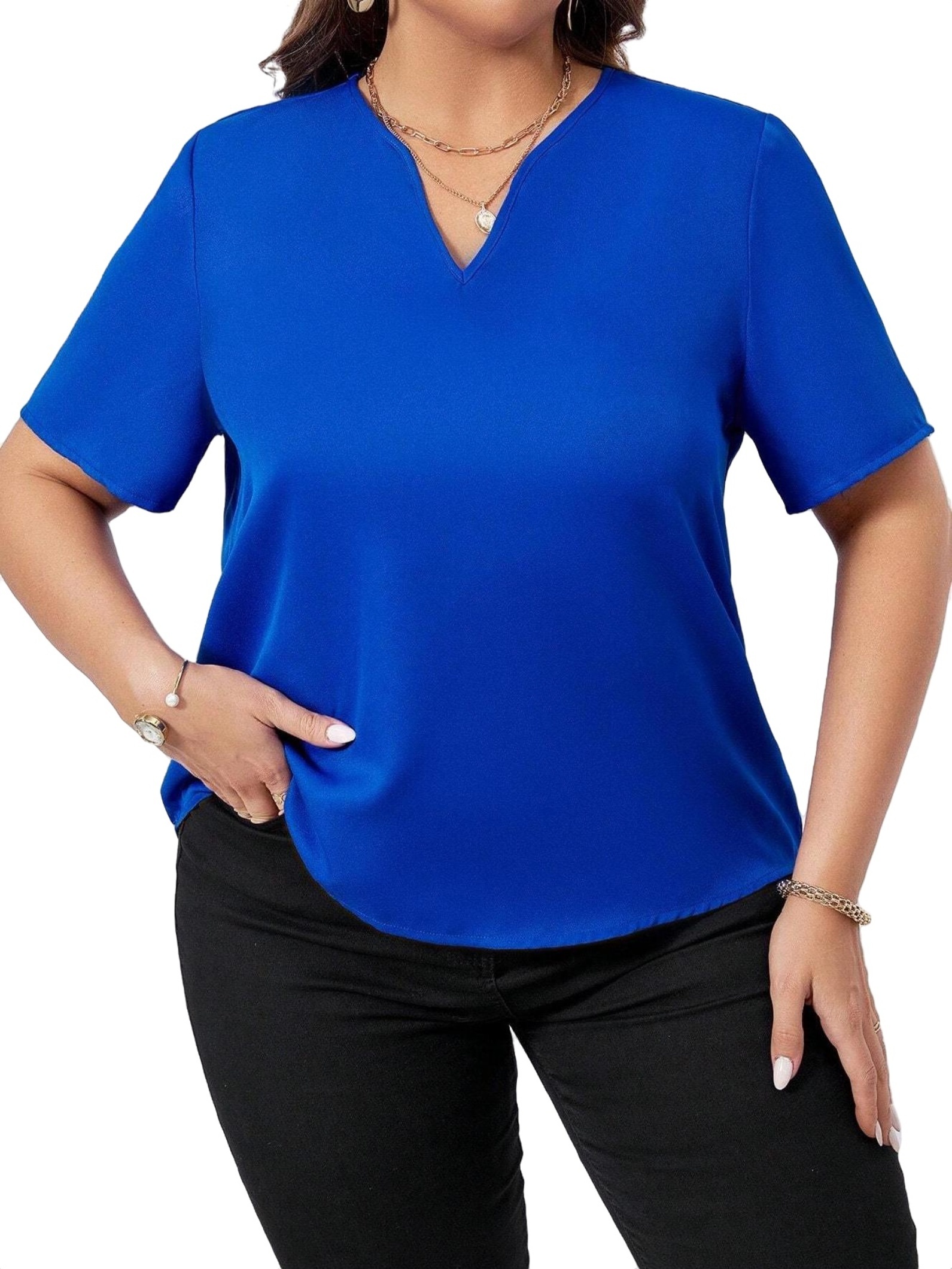 Women's Casual Plain Notched Short Sleeve Blue Plus Size Blouses 0XL ...