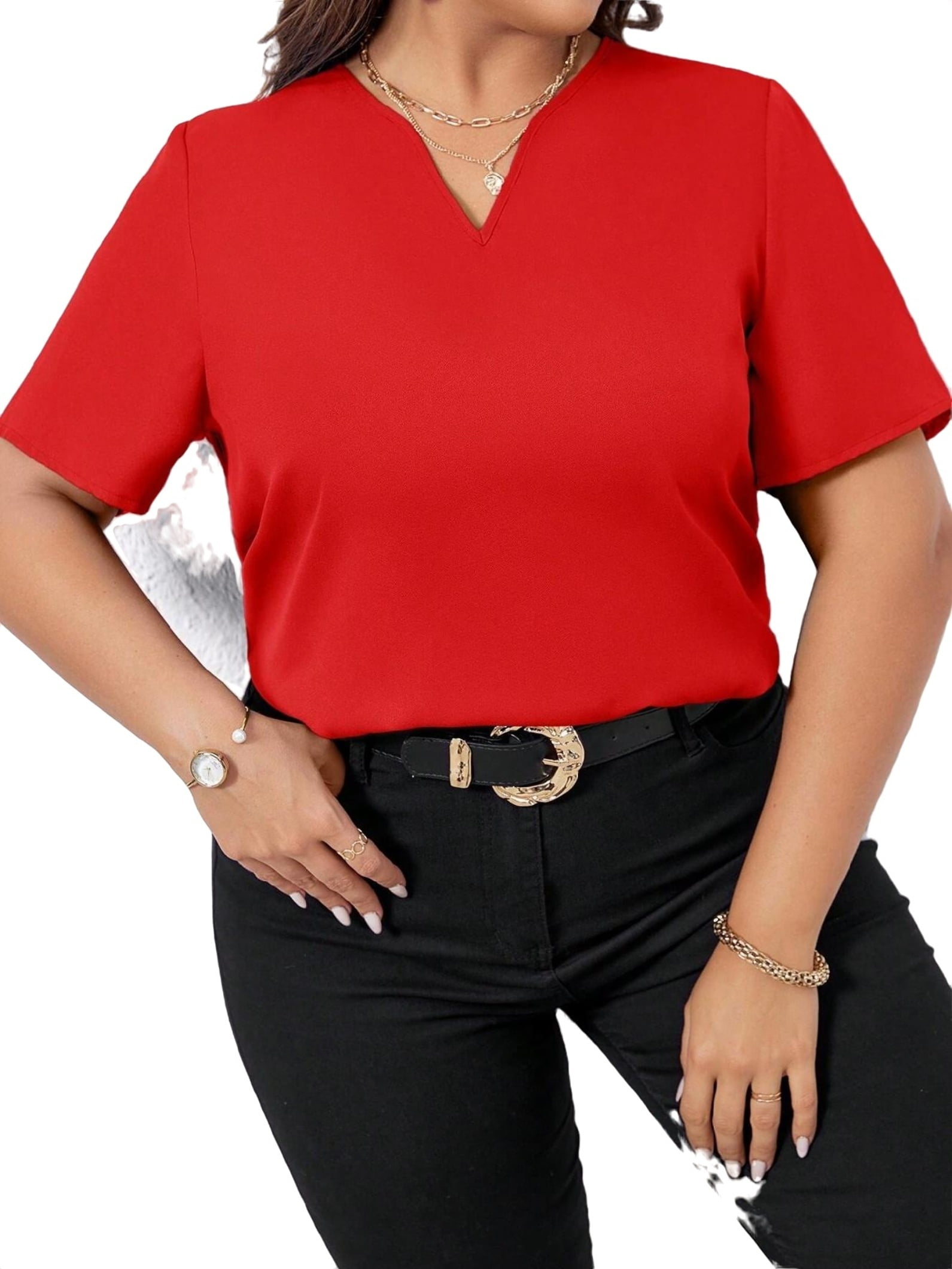 Women's Casual Plain Notched Short Sleeve Red Plus Size Blouses 3XL (18 ...