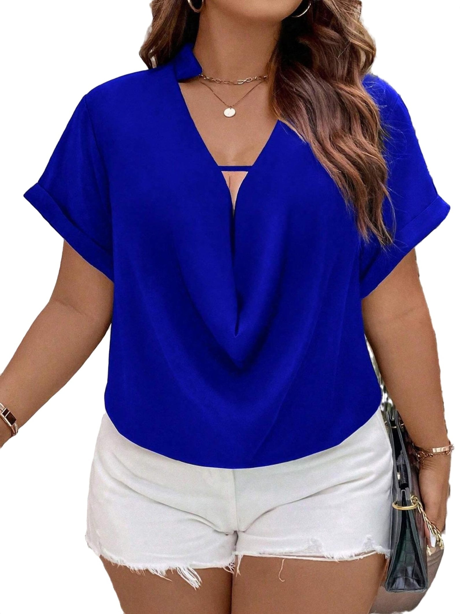 Women's Casual Plain Notched Short Sleeve Royal Blue Plus Size Blouses ...