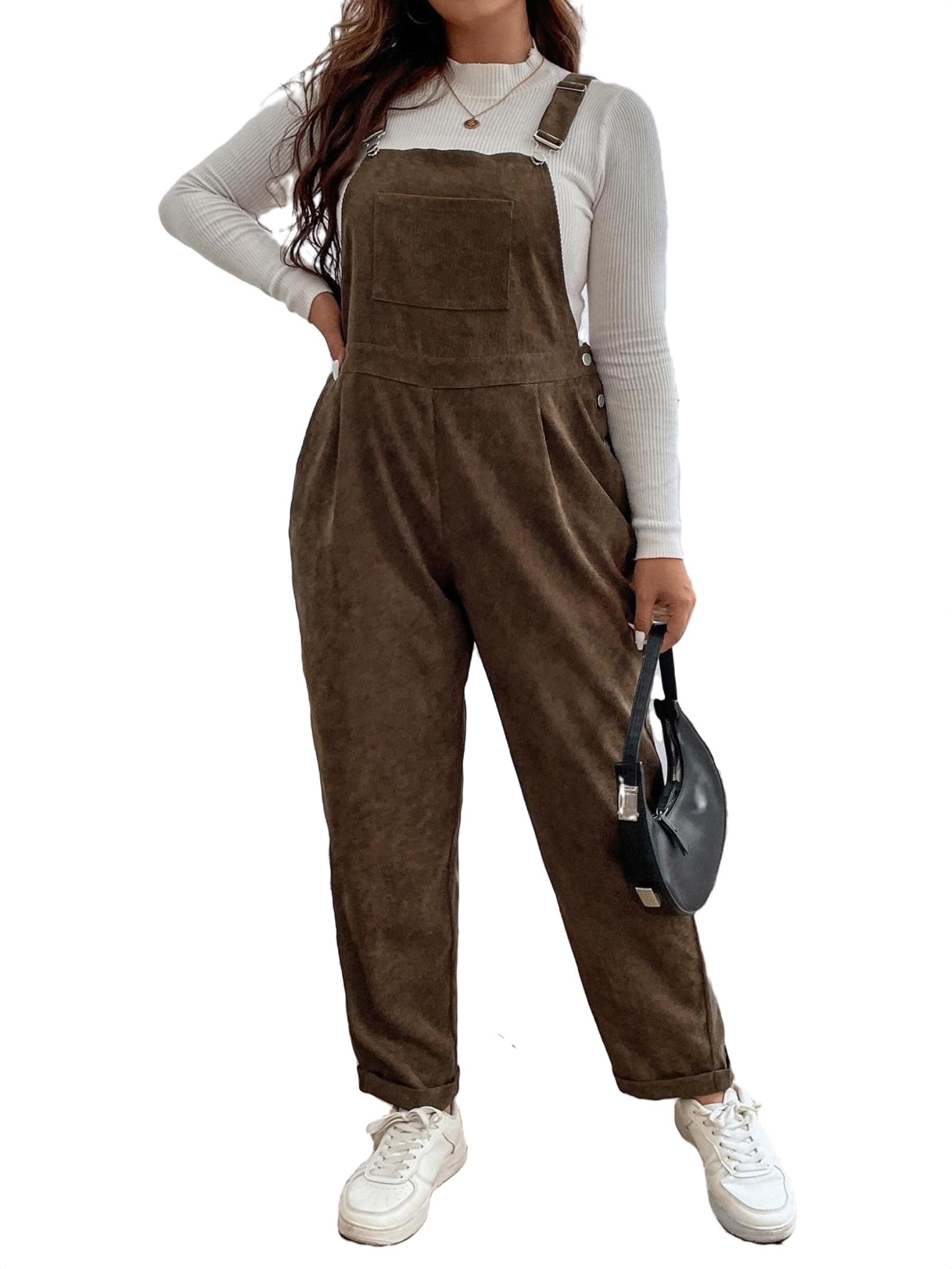 Women's Casual Plain Overall Straps Mocha Brown Plus Size Jumpsuits 4XL ...