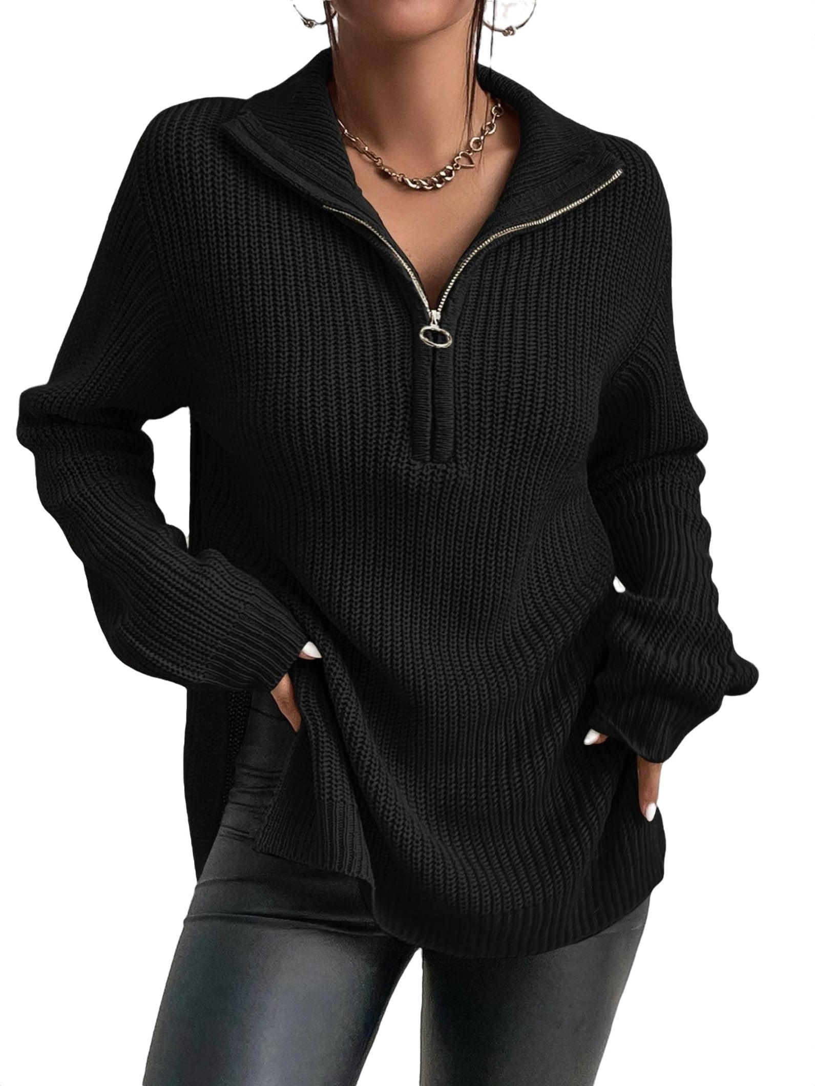 Women's Casual Plain Pullovers Collar Black Long Sleeve Sweaters S (4 ...