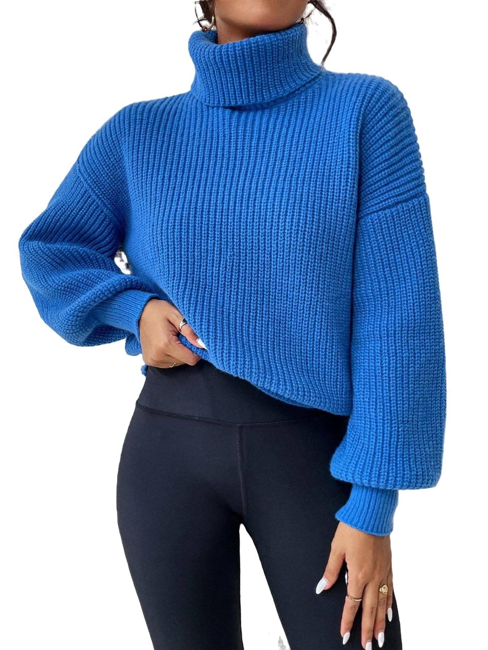Women's Casual Plain Pullovers High Neck Royal Blue Long Sleeve ...