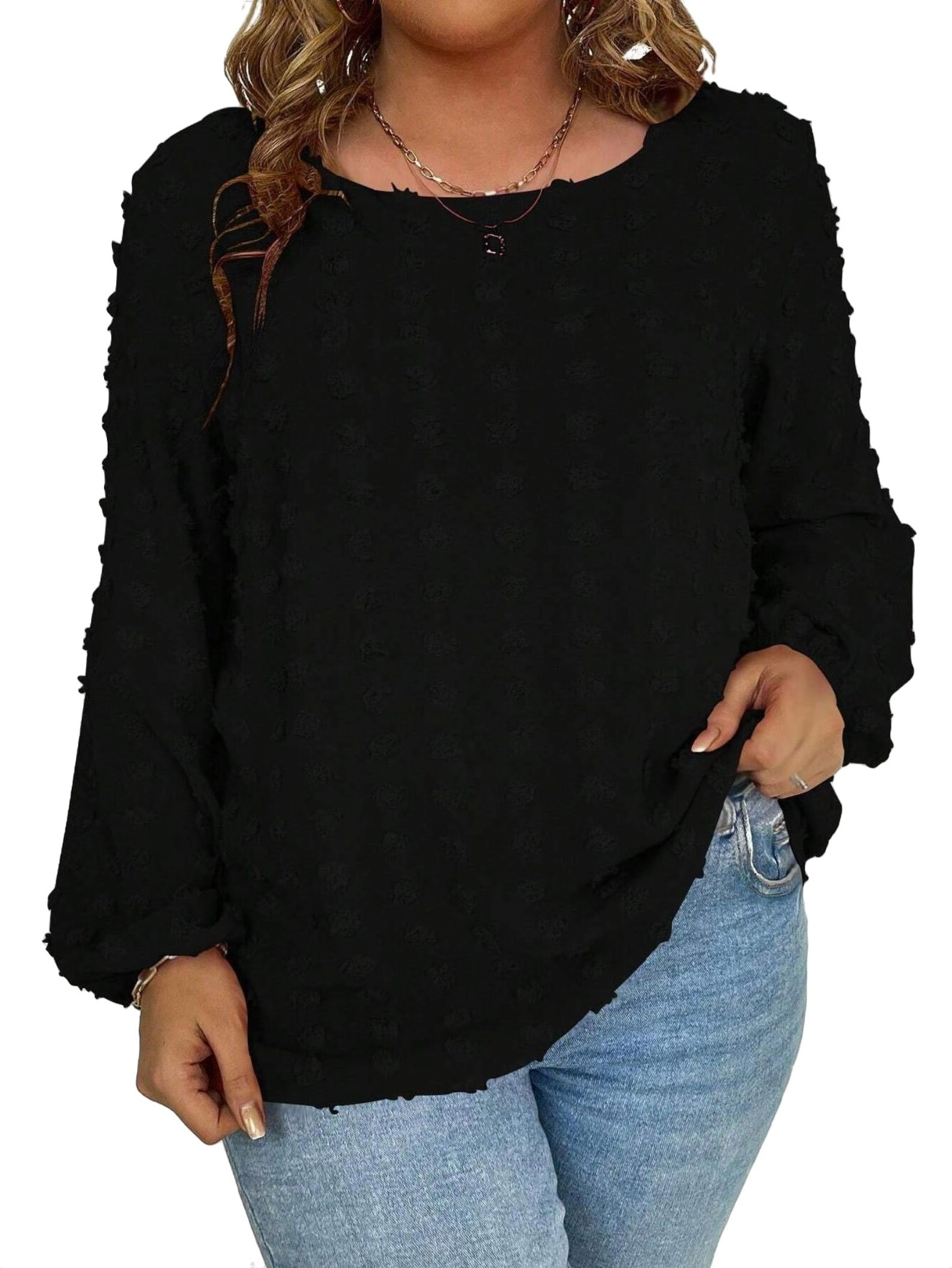 Women's Casual Plain Round Neck Long Sleeve Black Plus Size Blouses 1XL ...