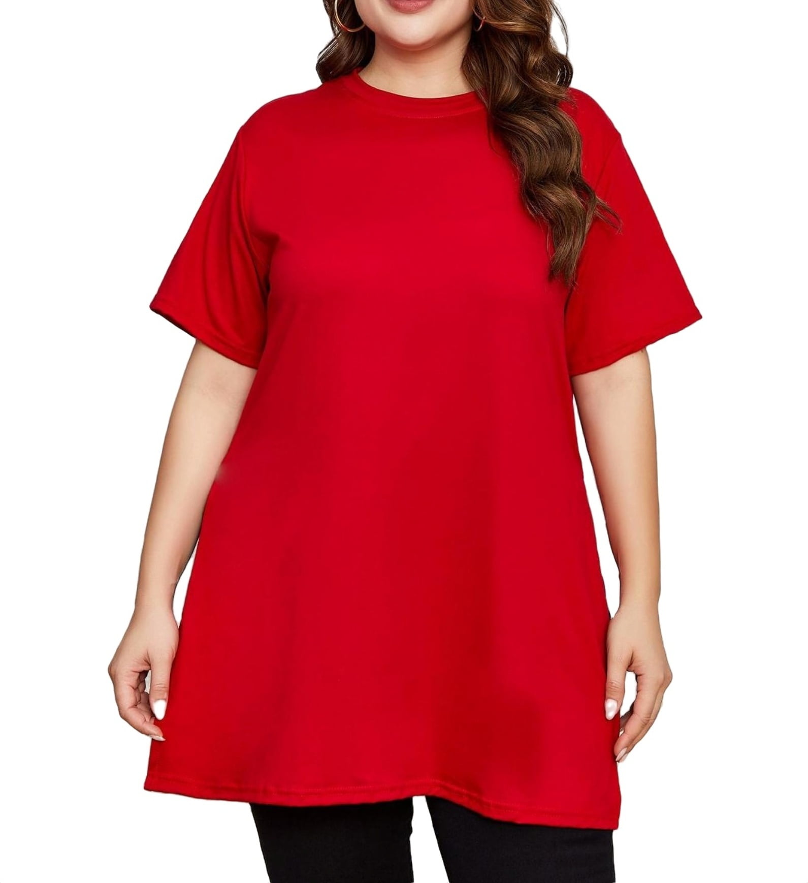 Women's Casual Plain Round Neck Red Plus Size T-shirts 1XL - Walmart.com