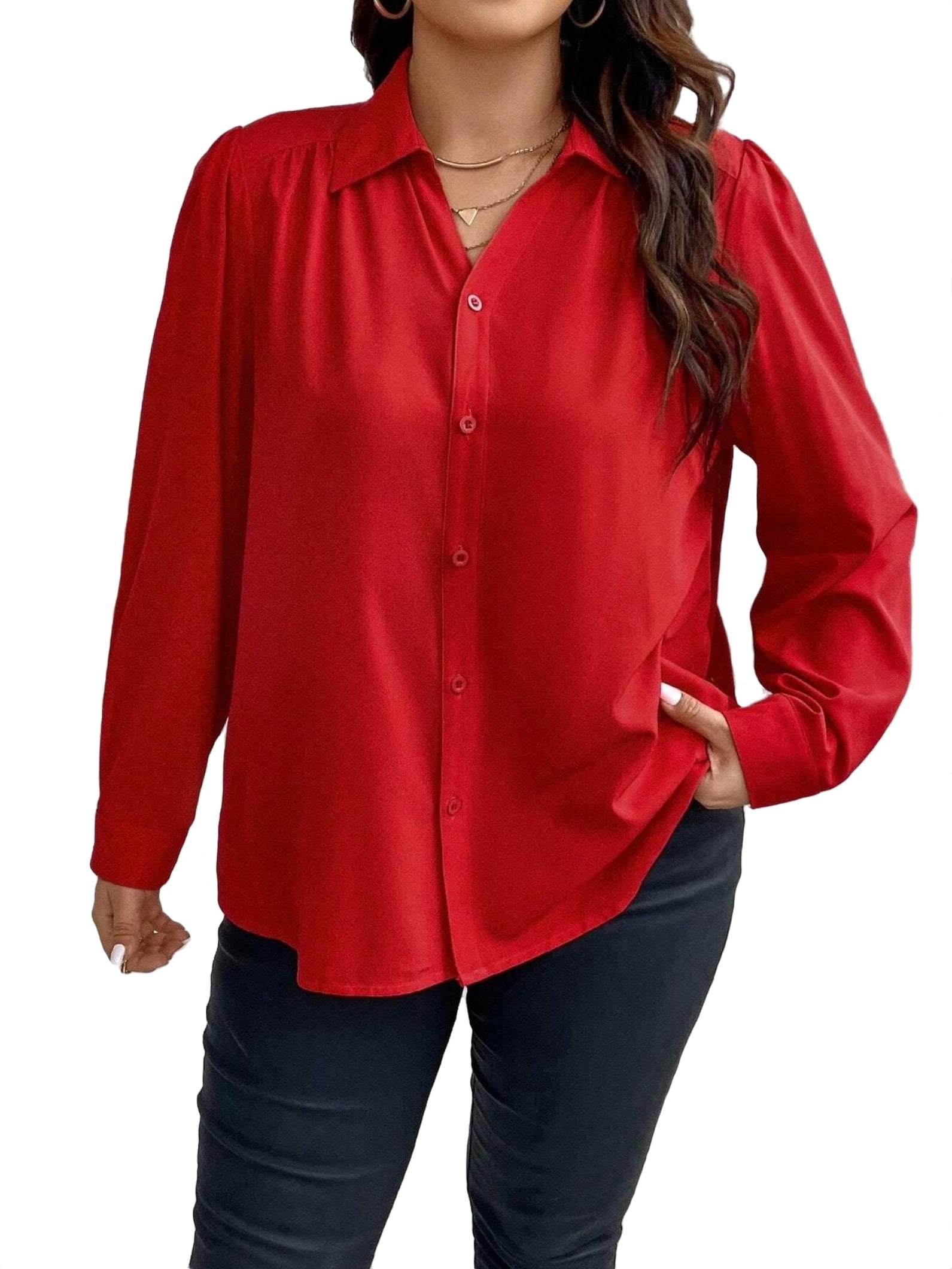 Women's Casual Plain Shirt Collar Long Sleeve Red Plus Size Blouses 0XL ...