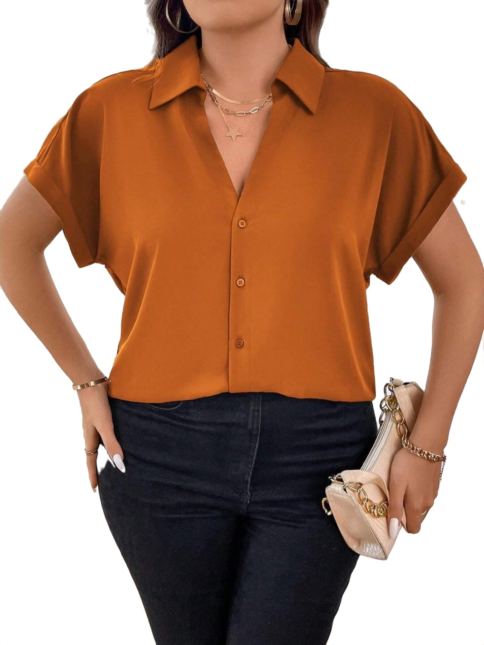 Women's Casual Plain Shirt Collar Short Sleeve Burnt Orange Plus Size ...
