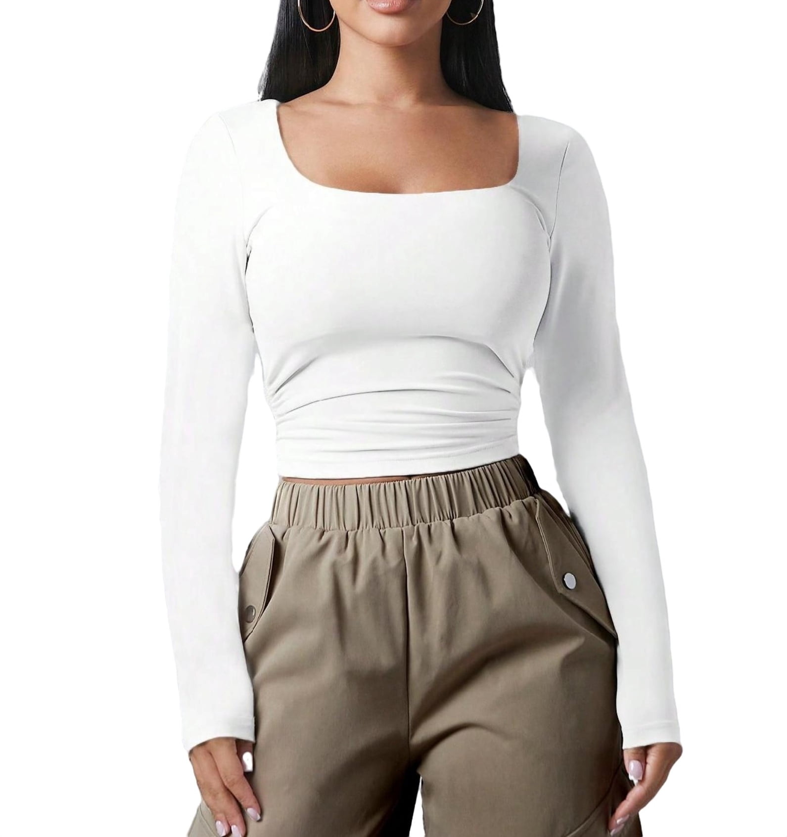 Women's Casual Plain Square Neck White Long Sleeve T-Shirts Petite S (4 ...