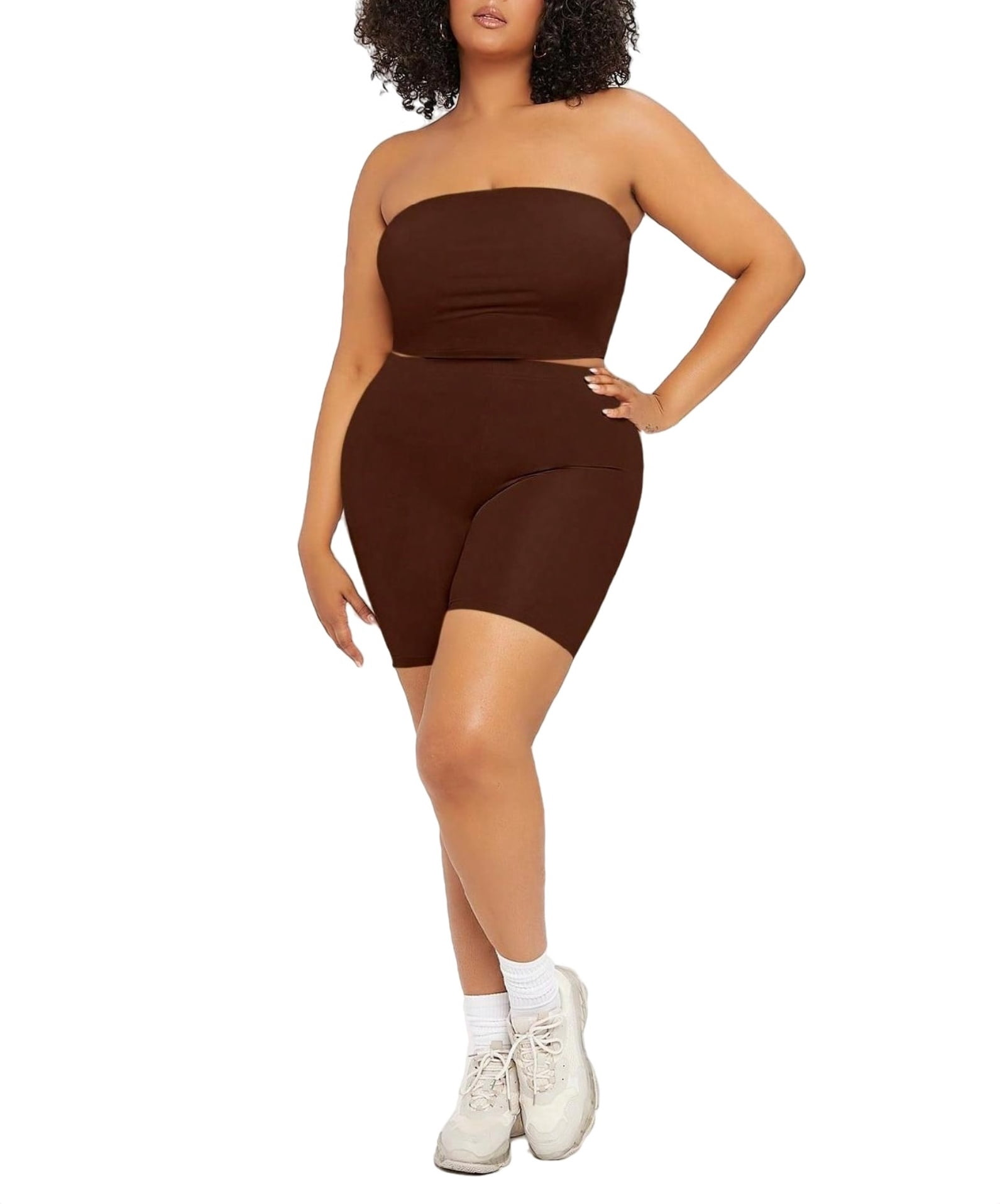 Women's Casual Plain Strapless Chocolate Brown Sleeveless Plus Size ...