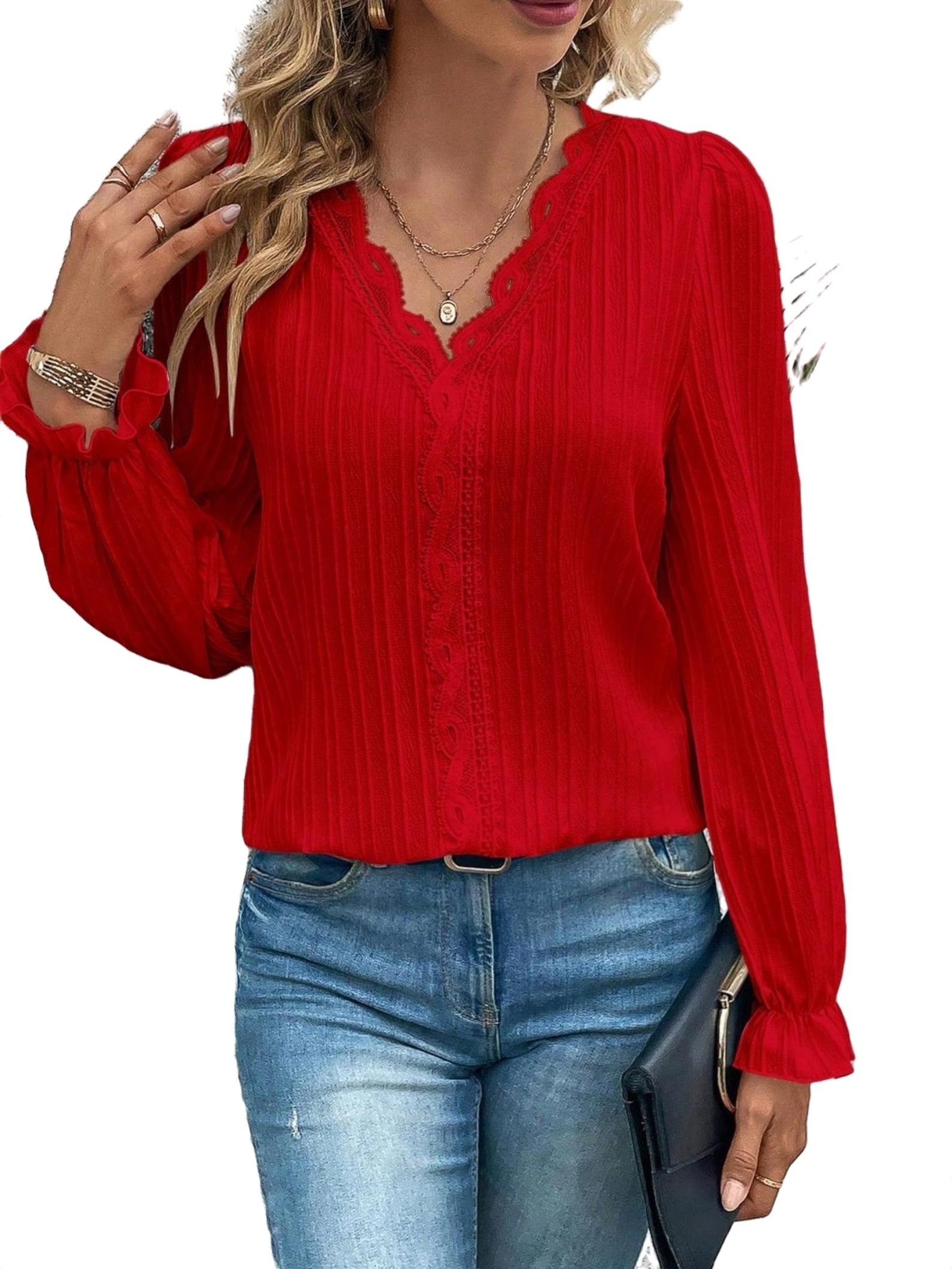 Women's Casual Plain Top V neck Red Long Sleeve Blouses XXL (14 ...