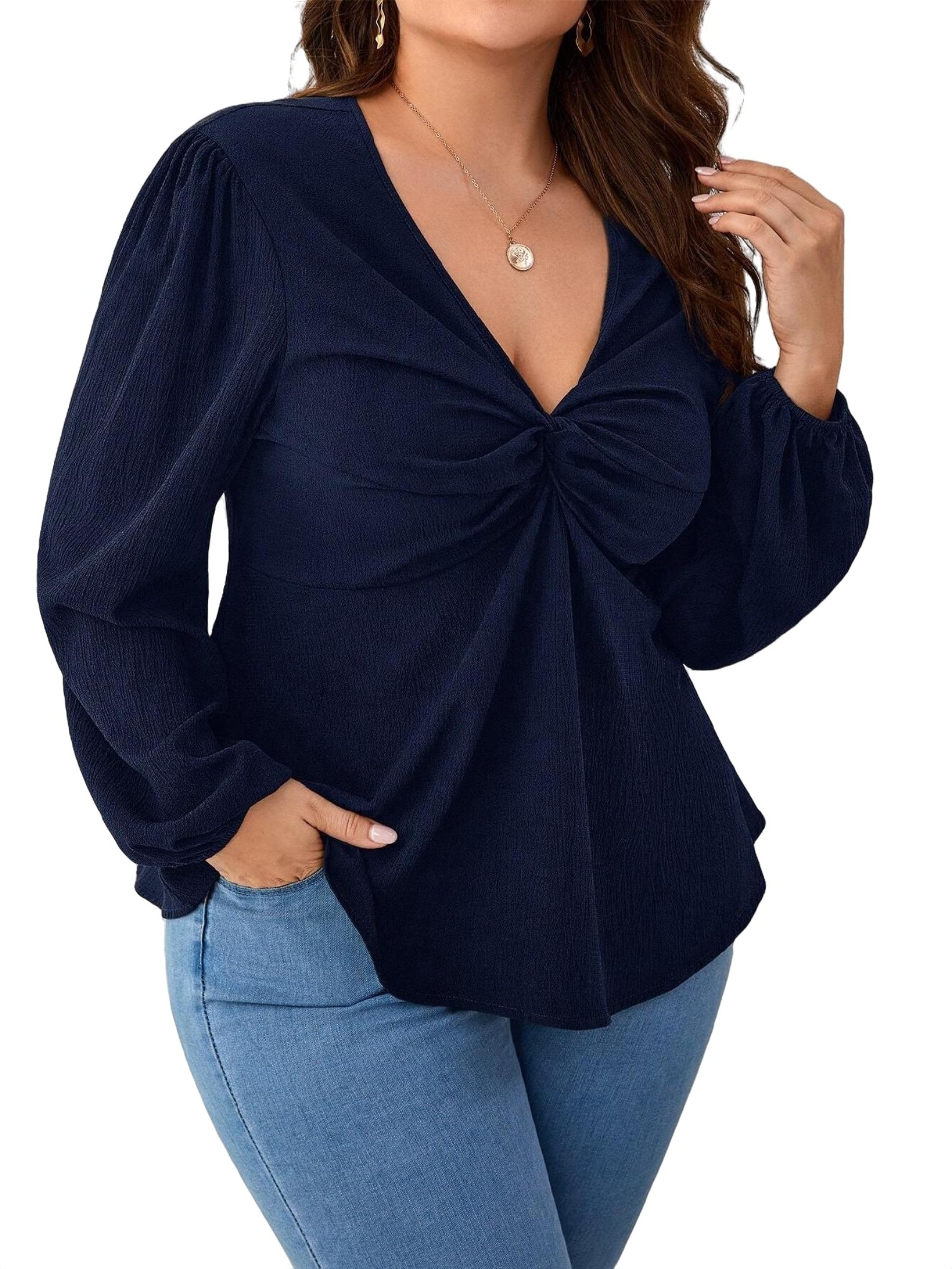 Women's Casual Plain V neck Long Sleeve Navy Blue Plus Size Blouses 0XL ...