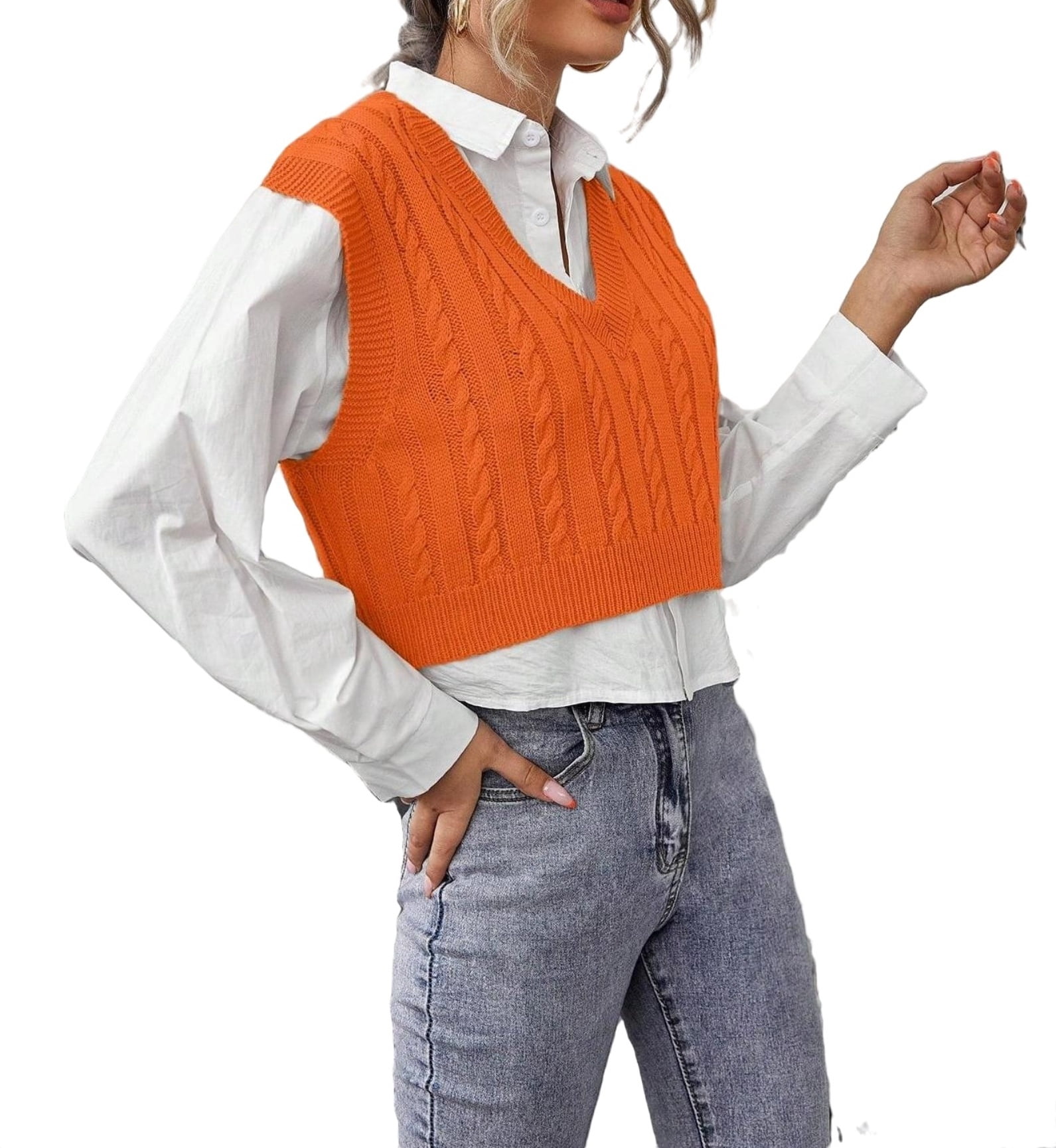 Women's Casual Plain V neck Orange Sweater Vests XS (2) - Walmart.com