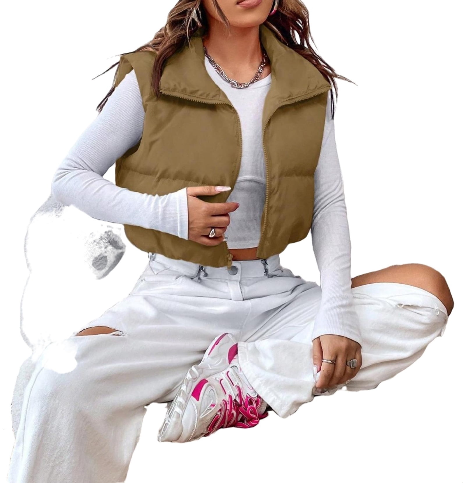 Women's Casual Plain vest Funnel Neck Khaki Sleeveless Winter Coats S ...