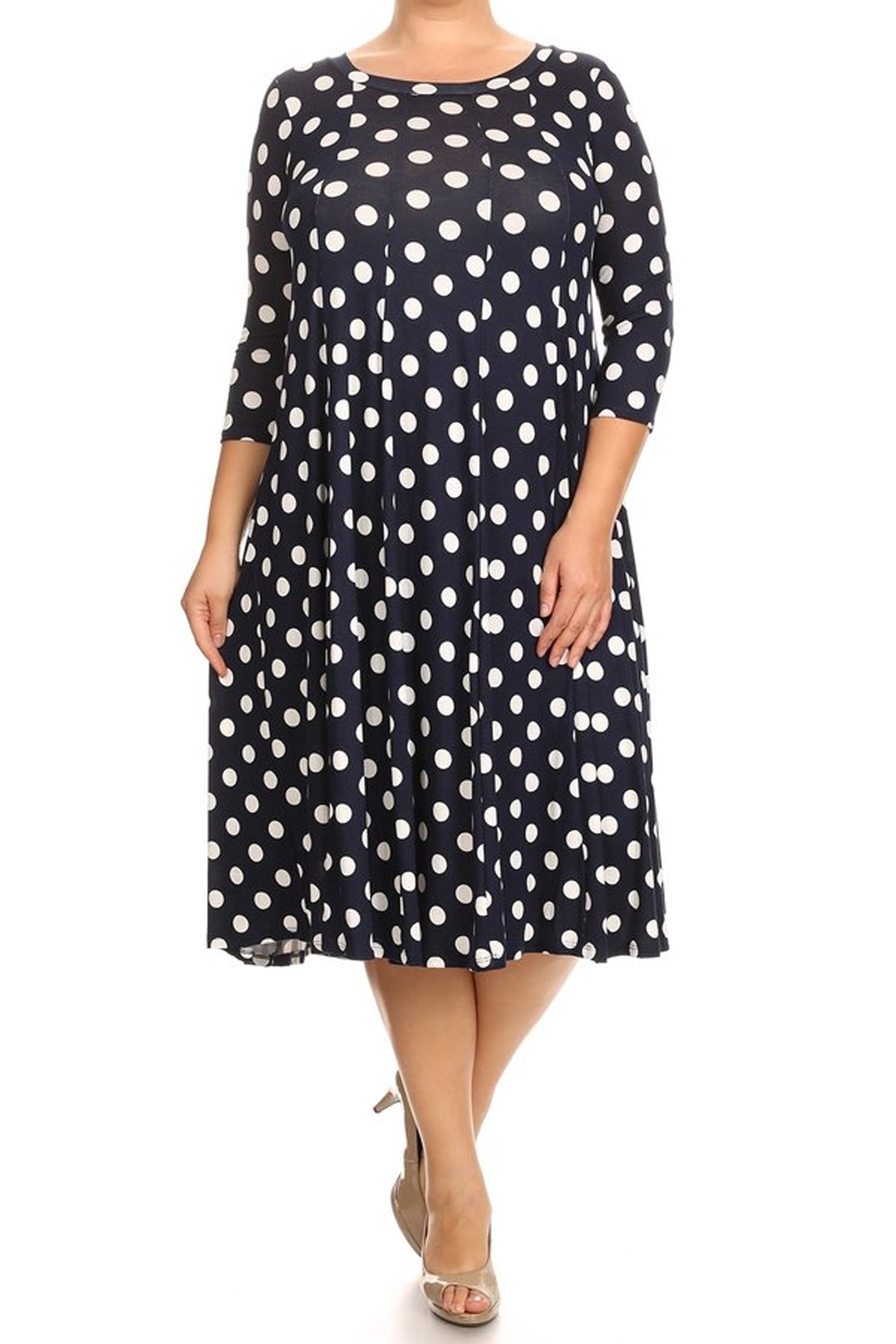 Women's Casual Plus Loose Fit 3/4 Sleeve Jersey Knit A-Line Big Polka ...