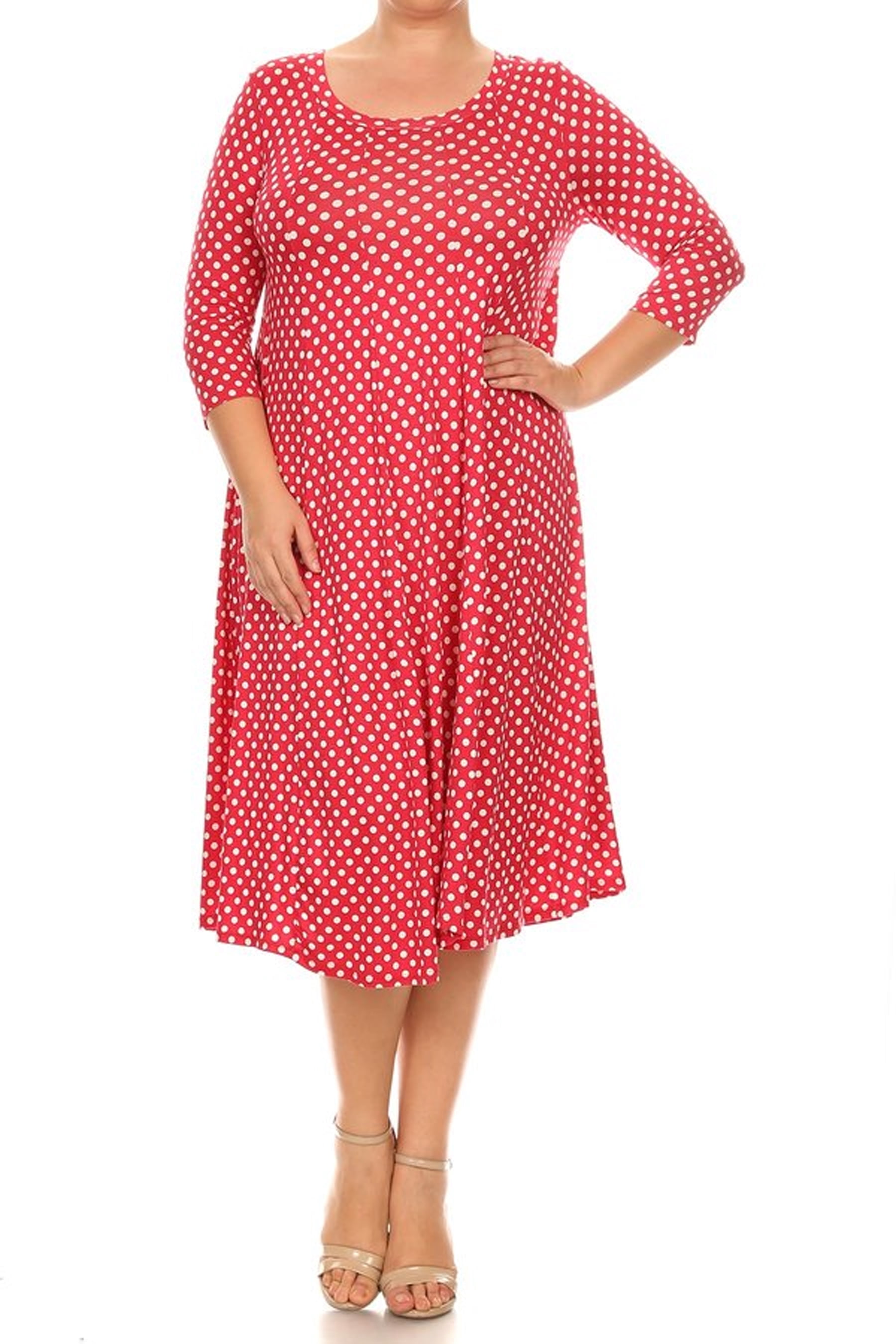 Women's Casual Plus Loose Fit 3/4 Sleeve Jersey Knit A-Line Polka Midi ...