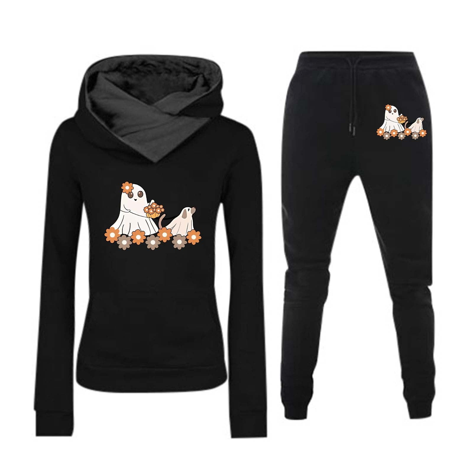 Women's Casual Print Hoodie And Trousers Set Long Sleeve Solid Color ...
