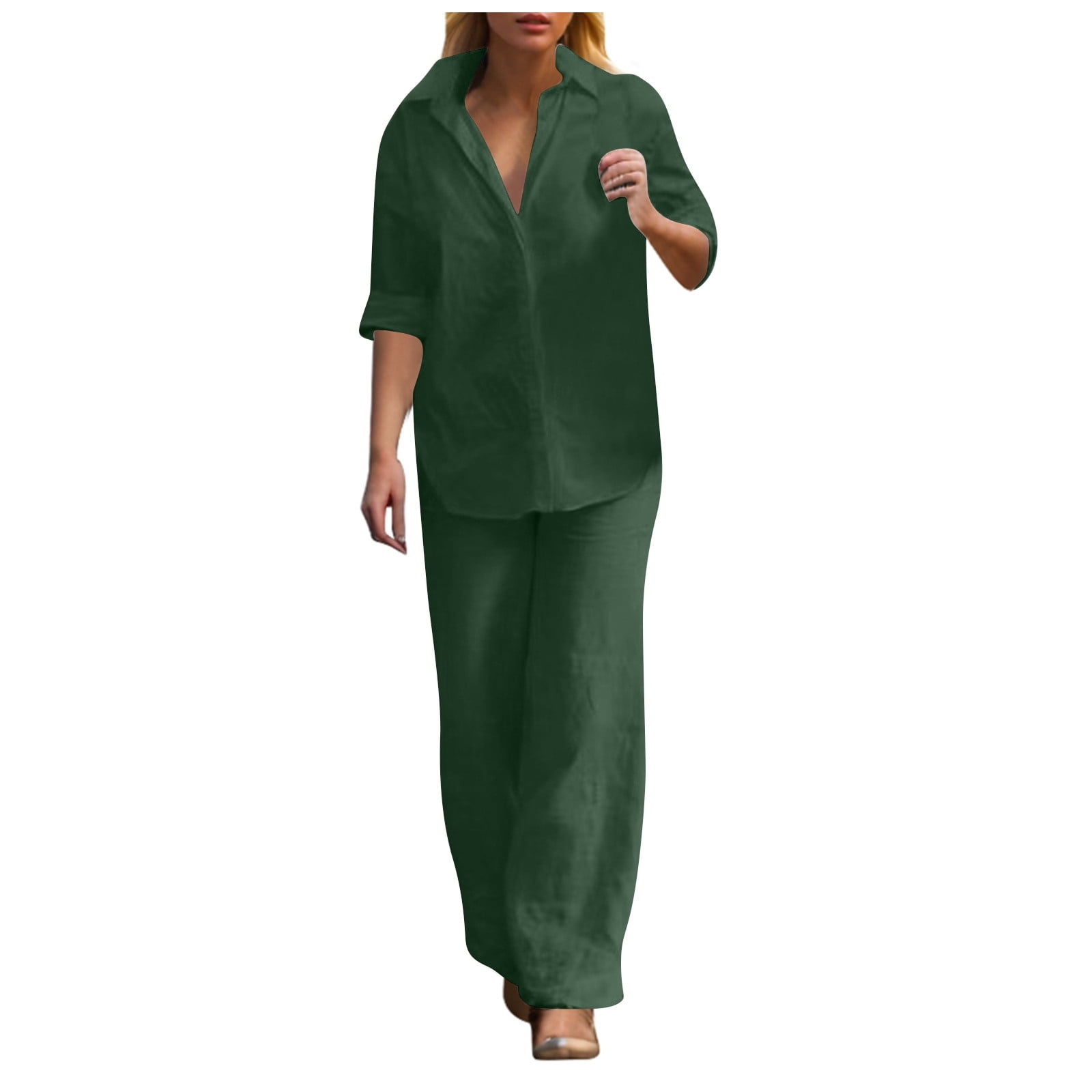 Women's Casual Pure Color Wide Leg Pant Suit - 2 Piece Long Pants ...