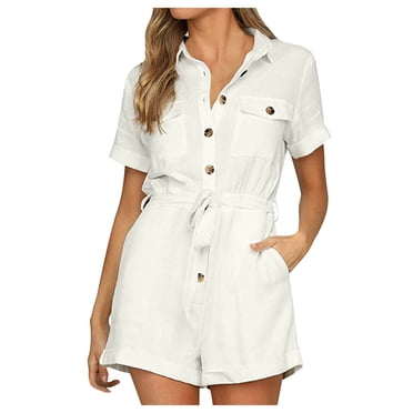 Chouyatou Women's Short Cuffed Sleeve Utility Rompers Elastic Waist ...