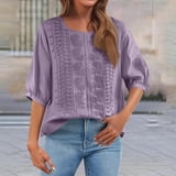 Women's Casual Round Neck Button Down Solid Color 3/4 Sleeve Split Hem ...