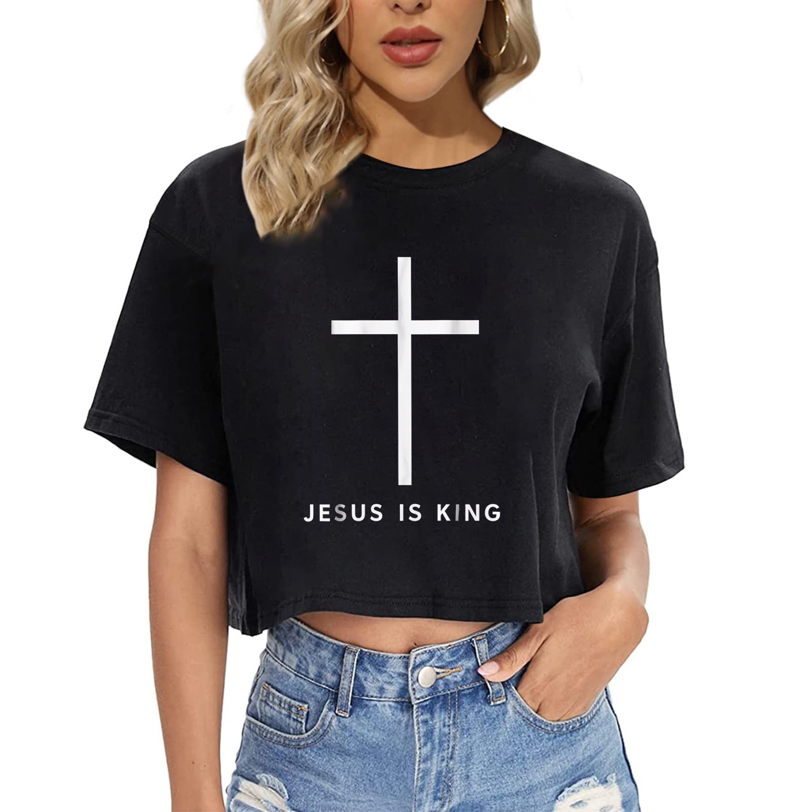 Women's Casual Round Neck Crop Top with Lion Head Jesus Cross Graphic ...