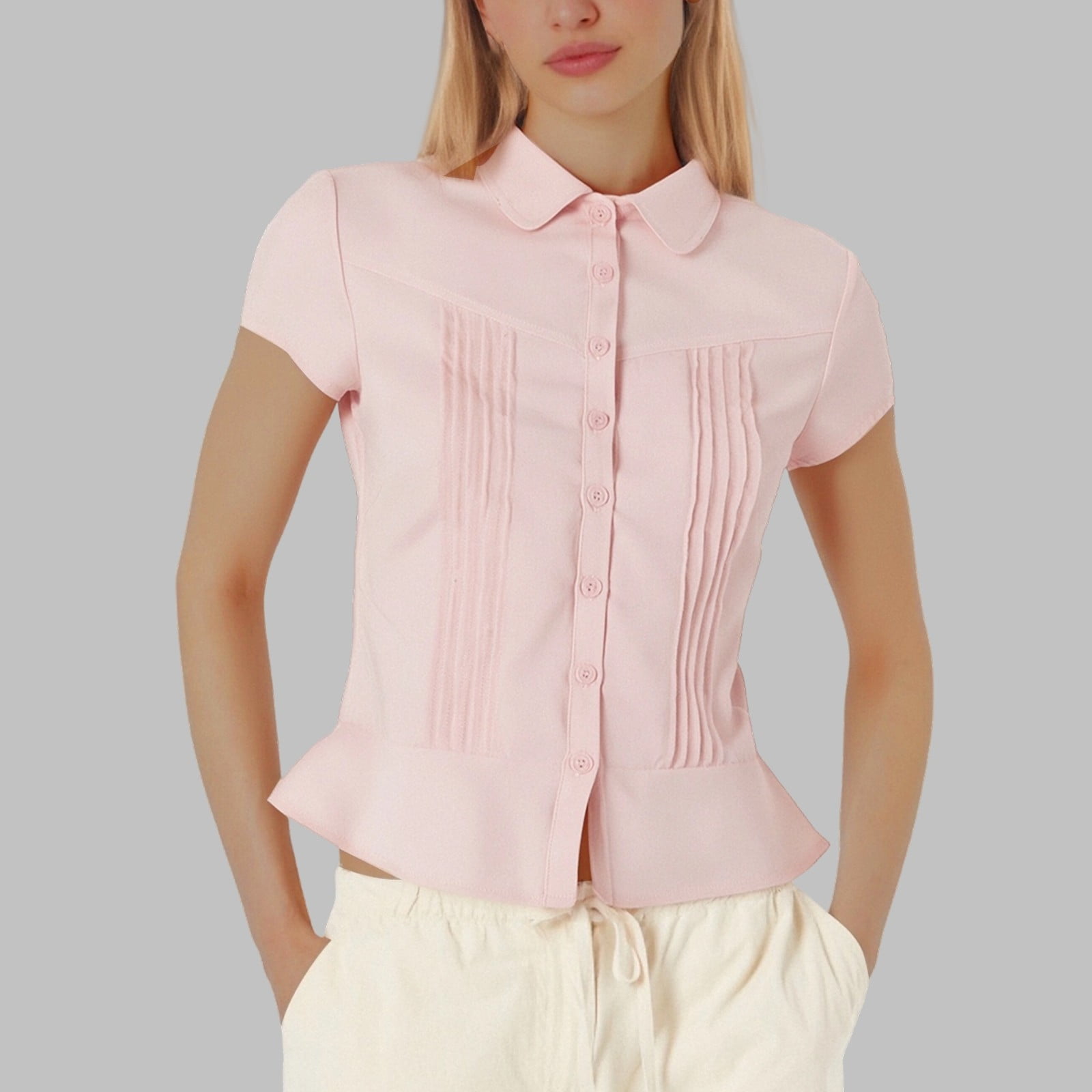 Women's Casual Short Sleeve Blouse Pure Color Turn Down Collar Shirt ...