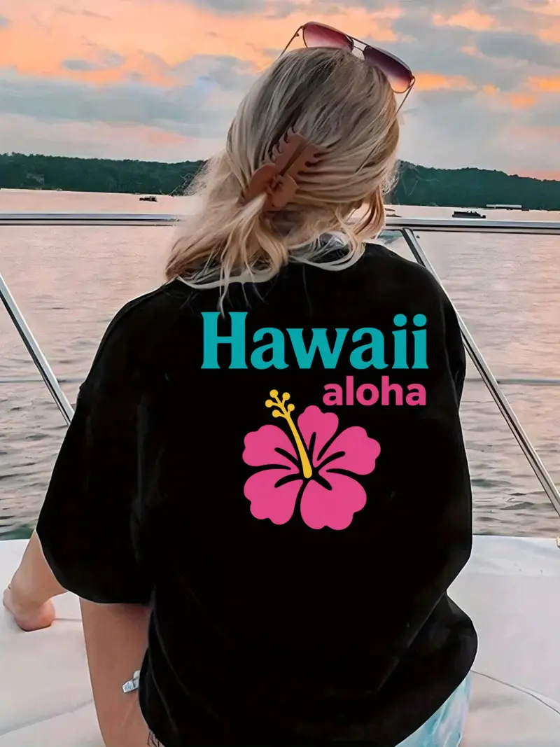 Women's Casual Short Sleeve T-Shirt - Front & Back Tropical Floral ...