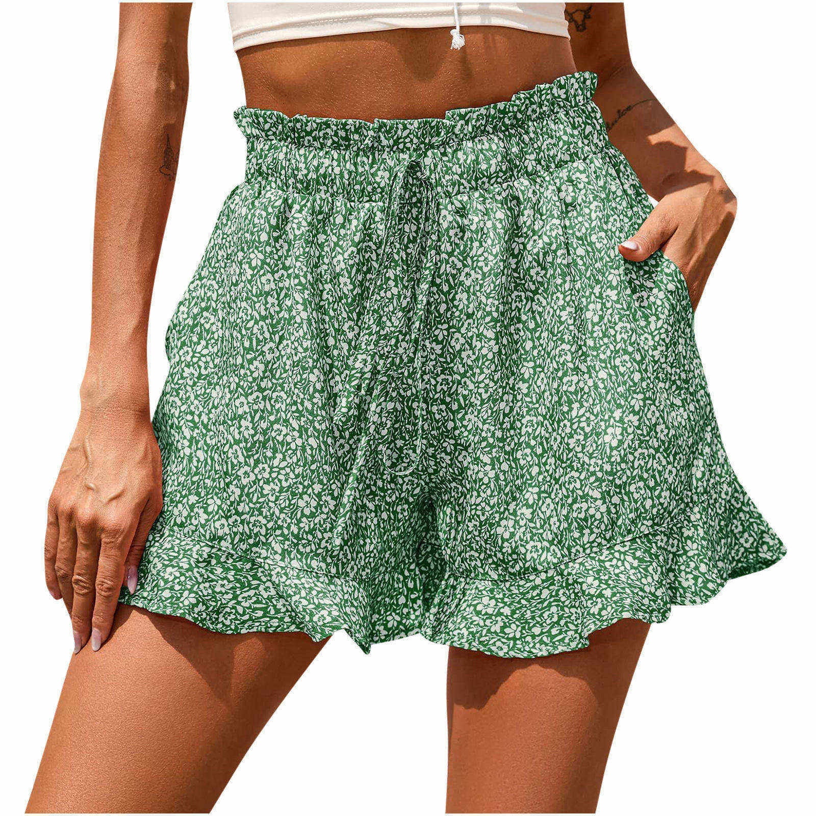 Women's Casual Shorts Summer Comfy Beach Shorts Ruffle Hem Elastic ...