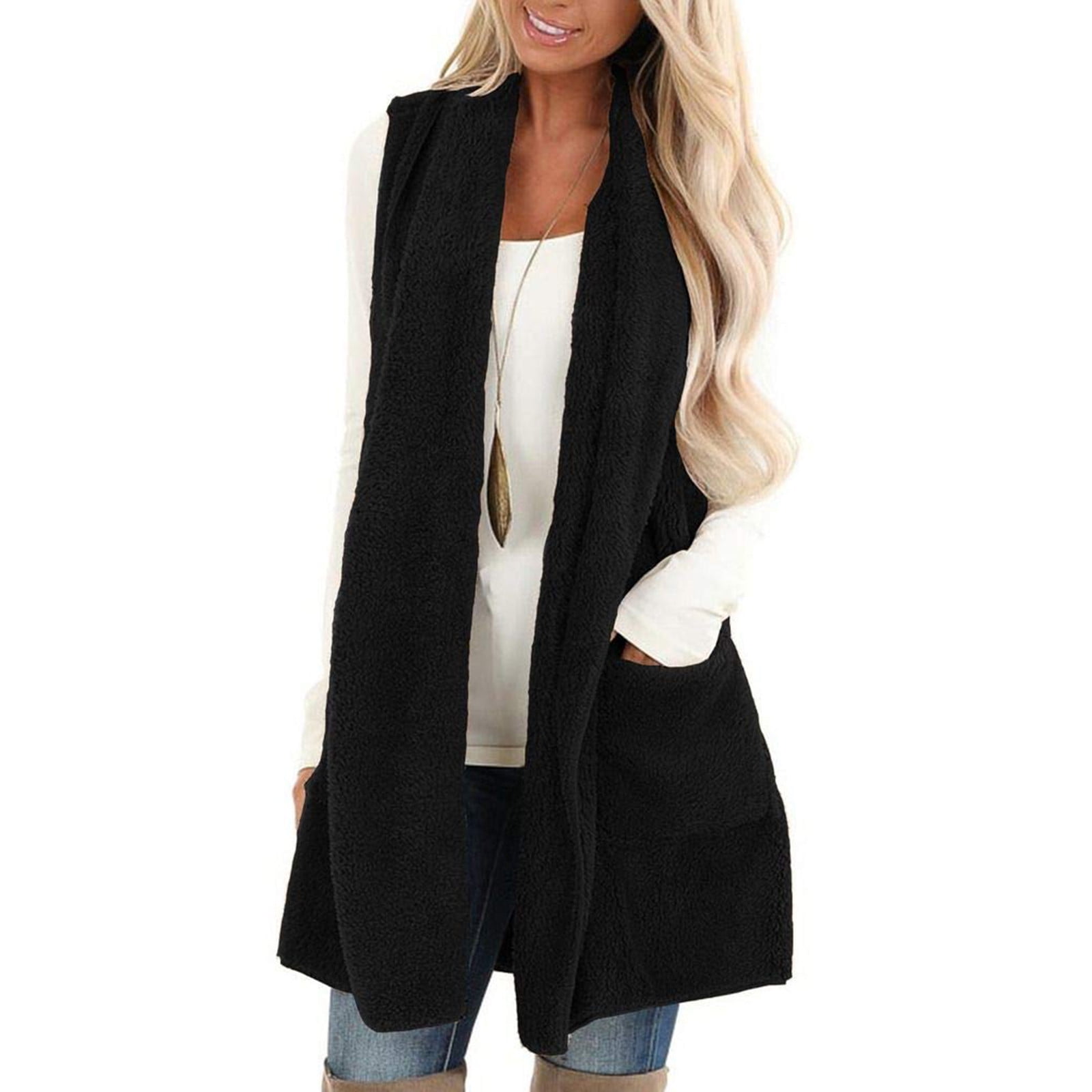 Women's Casual Sleeveless Open Front Sweater Vest Long Fleece Cardigan ...