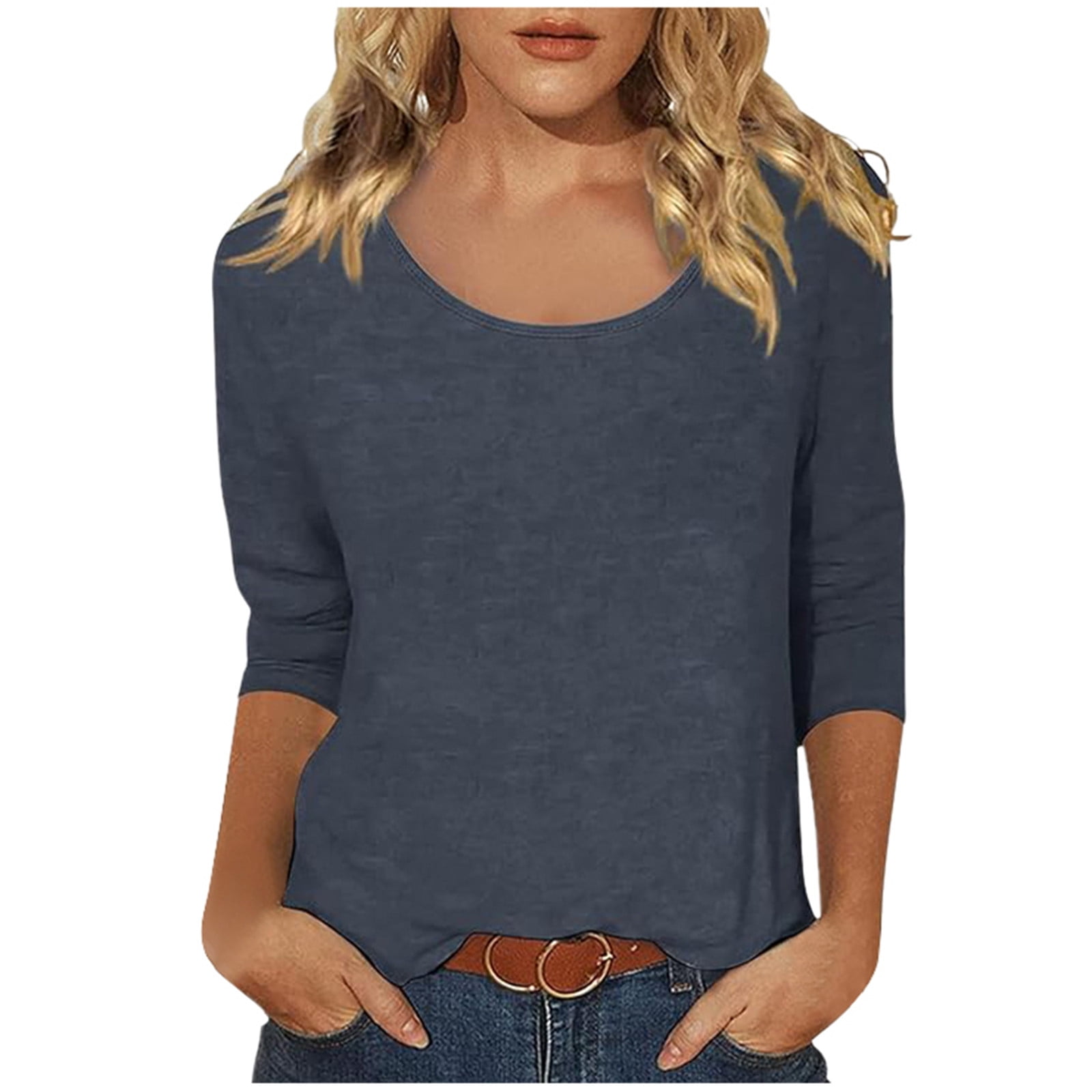 Women's Casual Solid Color Print Neck Low Cut 3/4 Sleeve T Shirt Top ...
