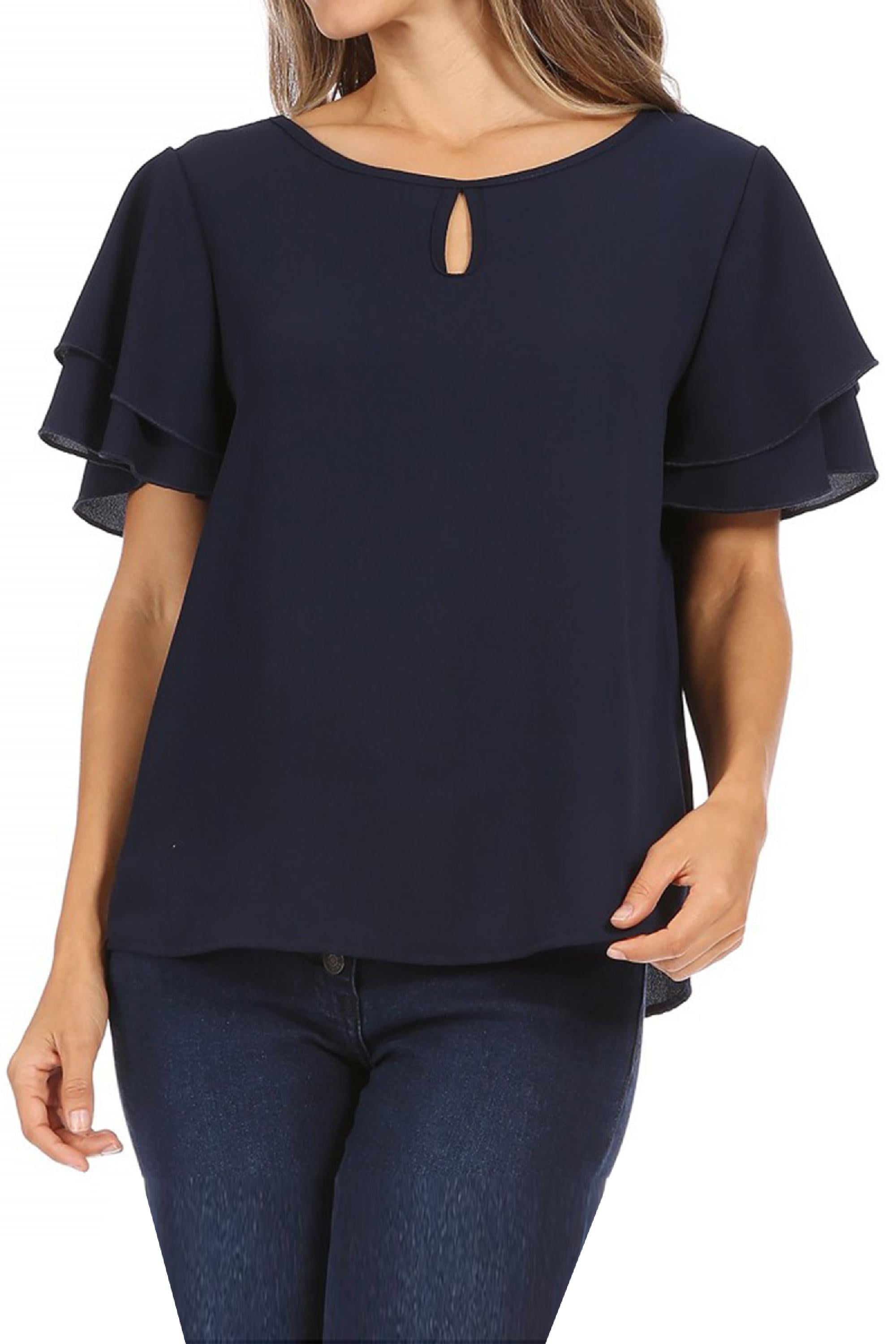 Women's Casual Solid Flowy Short Sleeve Round Neck Key Hole Tee Blouse ...