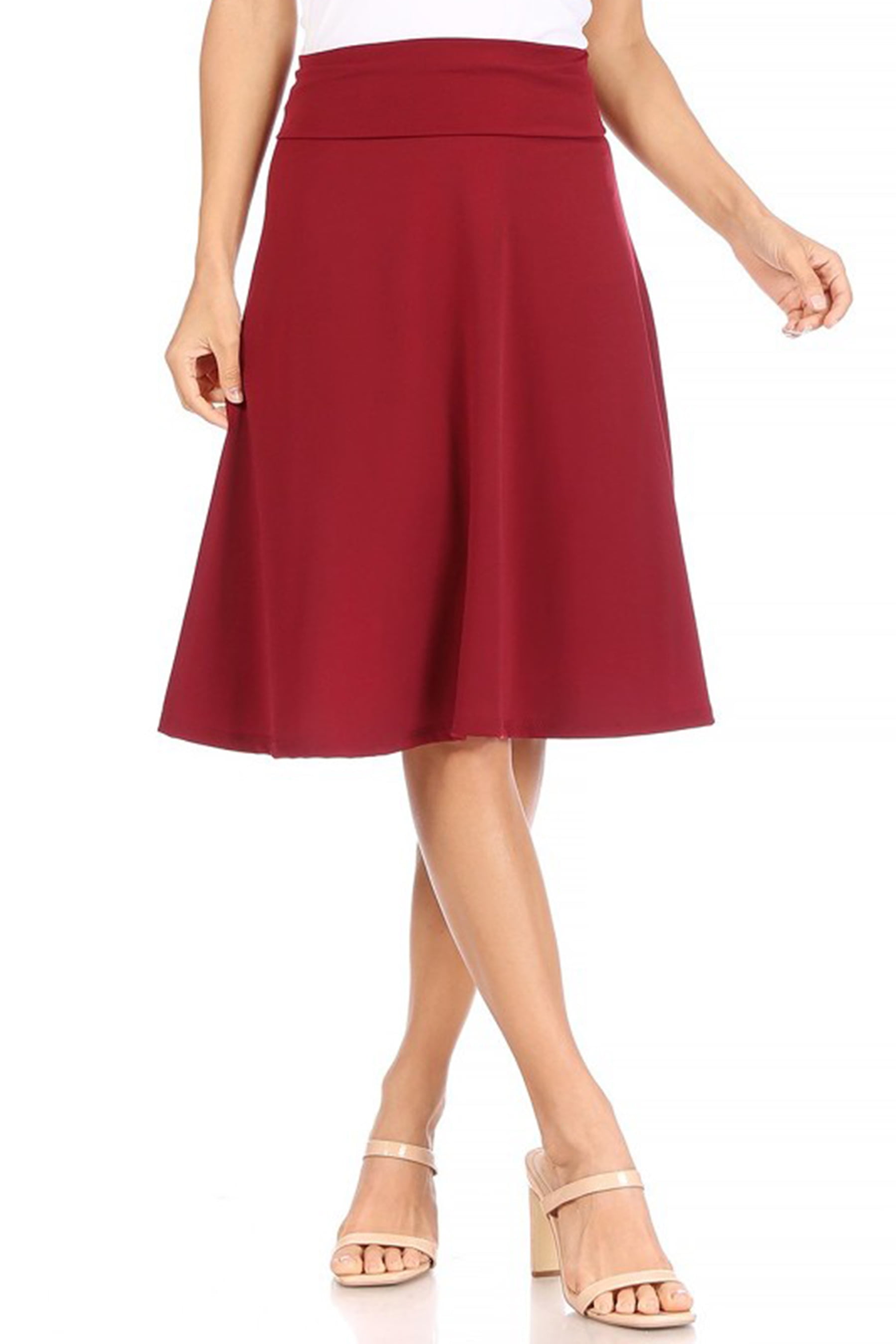 Women's Casual Solid High Waisted Knee Length Flare A-line Skirt with Elastic Waistband ...