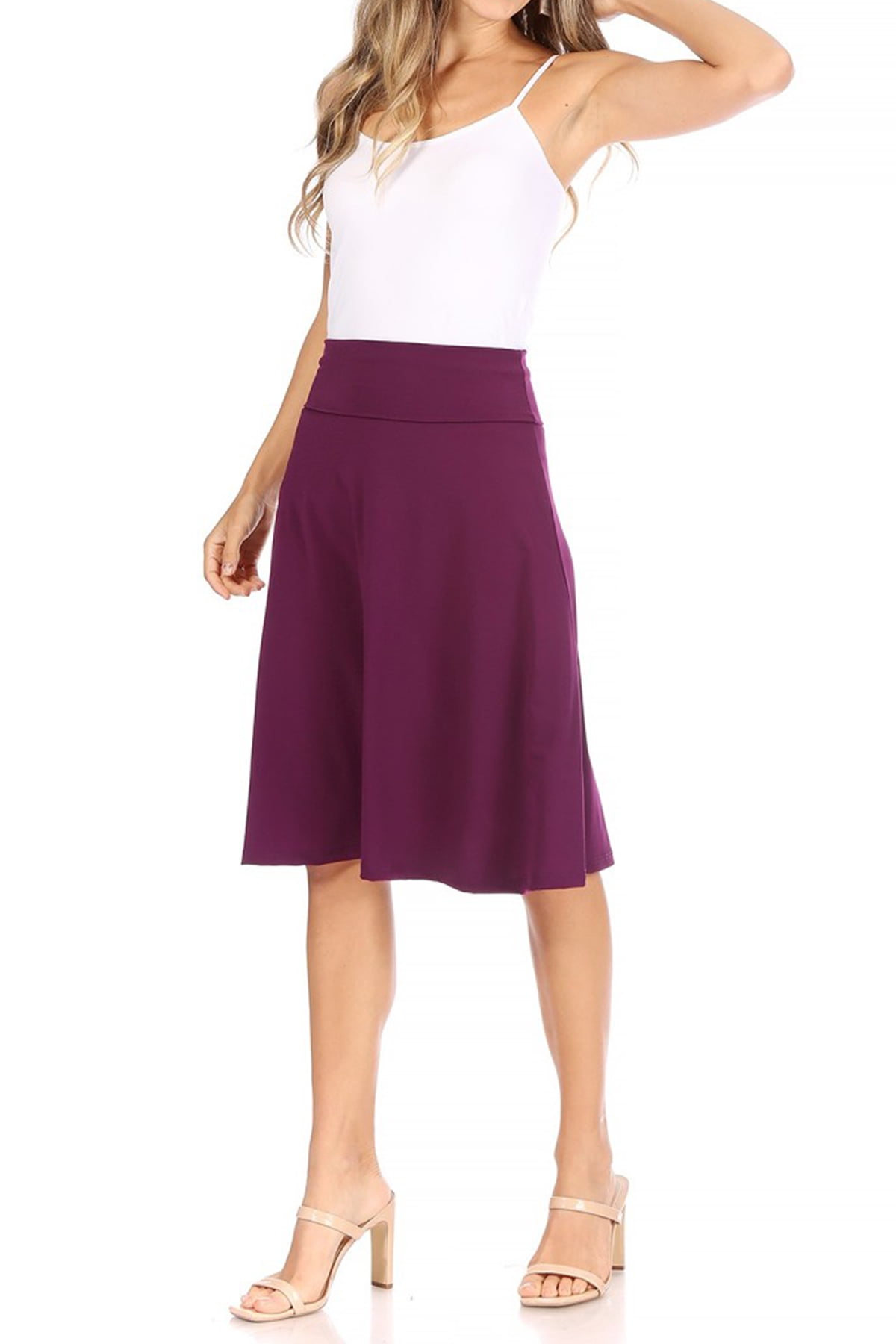 Women's Casual Solid Knee Length Flare A-line Skirt with Elastic ...