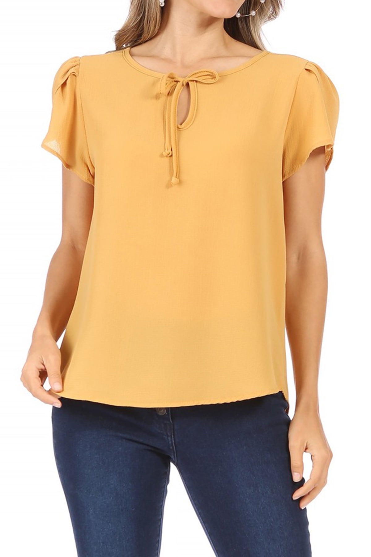 Women's Casual Petal Sleeve Blouse with Ribbon Tie and Keyhole Neckline ...