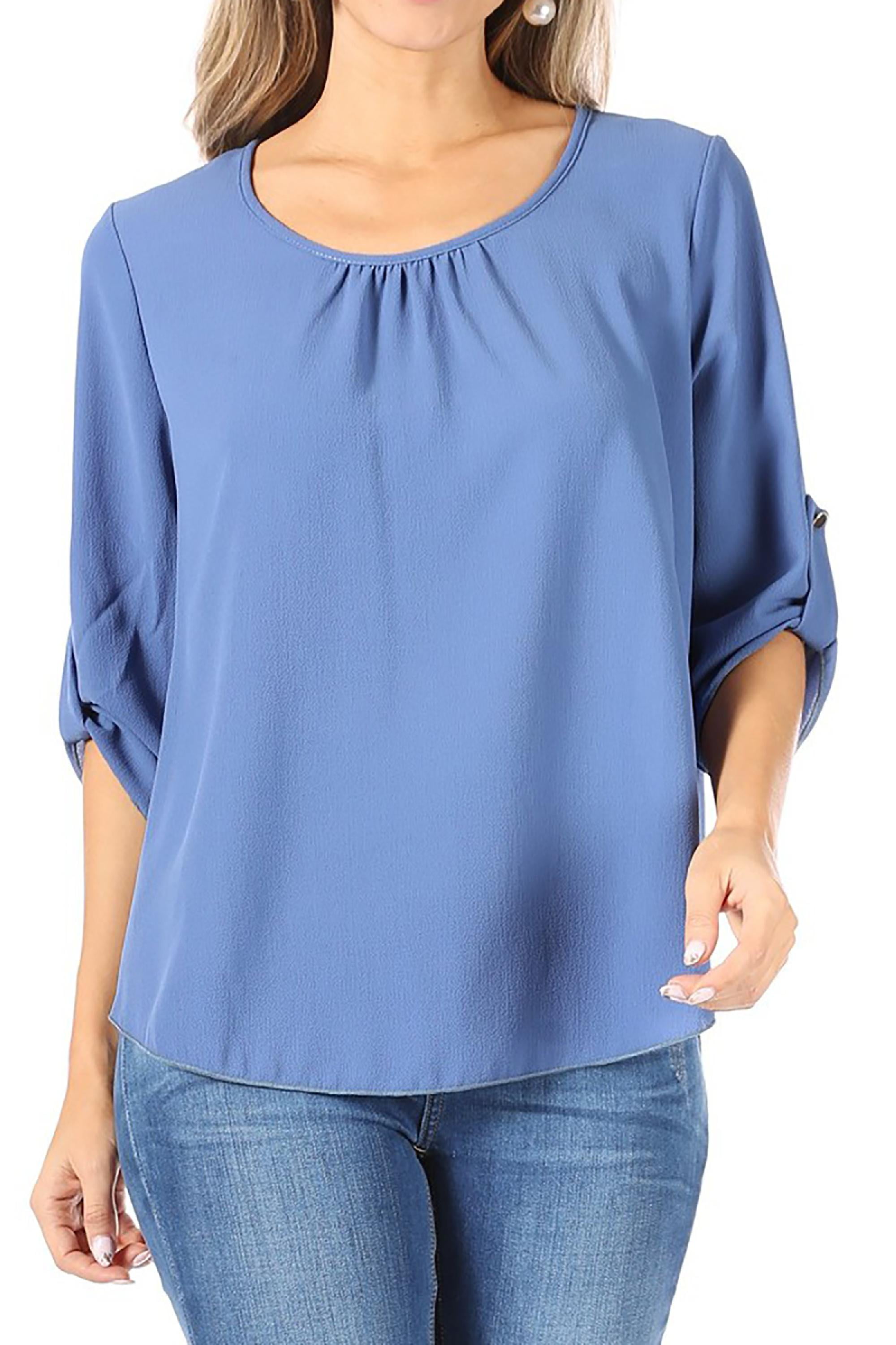 Women's Casual Solid Round Neck Loose Fit Roll Tab 3/4 Sleeve Shirt ...