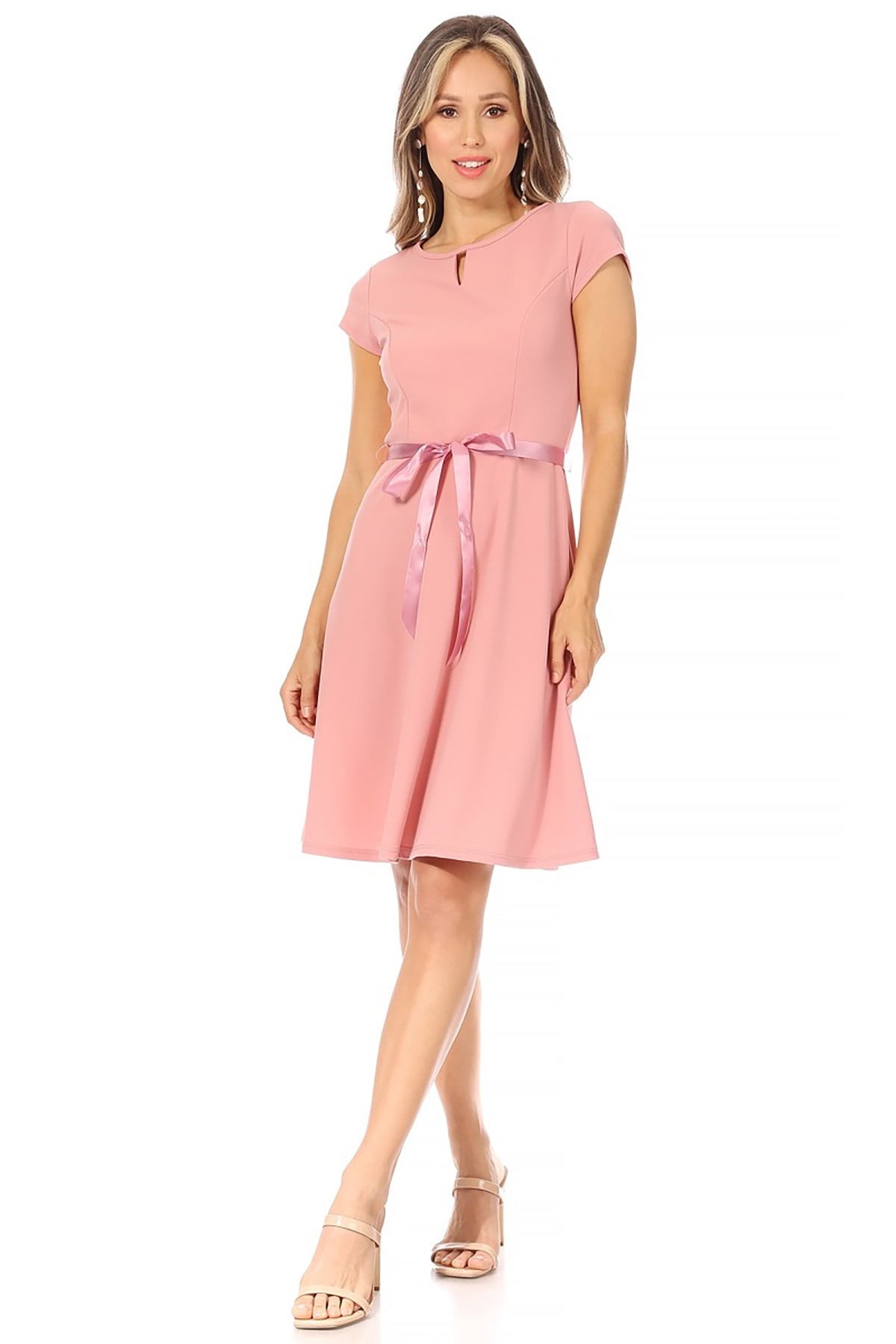 Women's Casual Solid Short Sleeve Ribbon Belted Flared A Line Swing ...