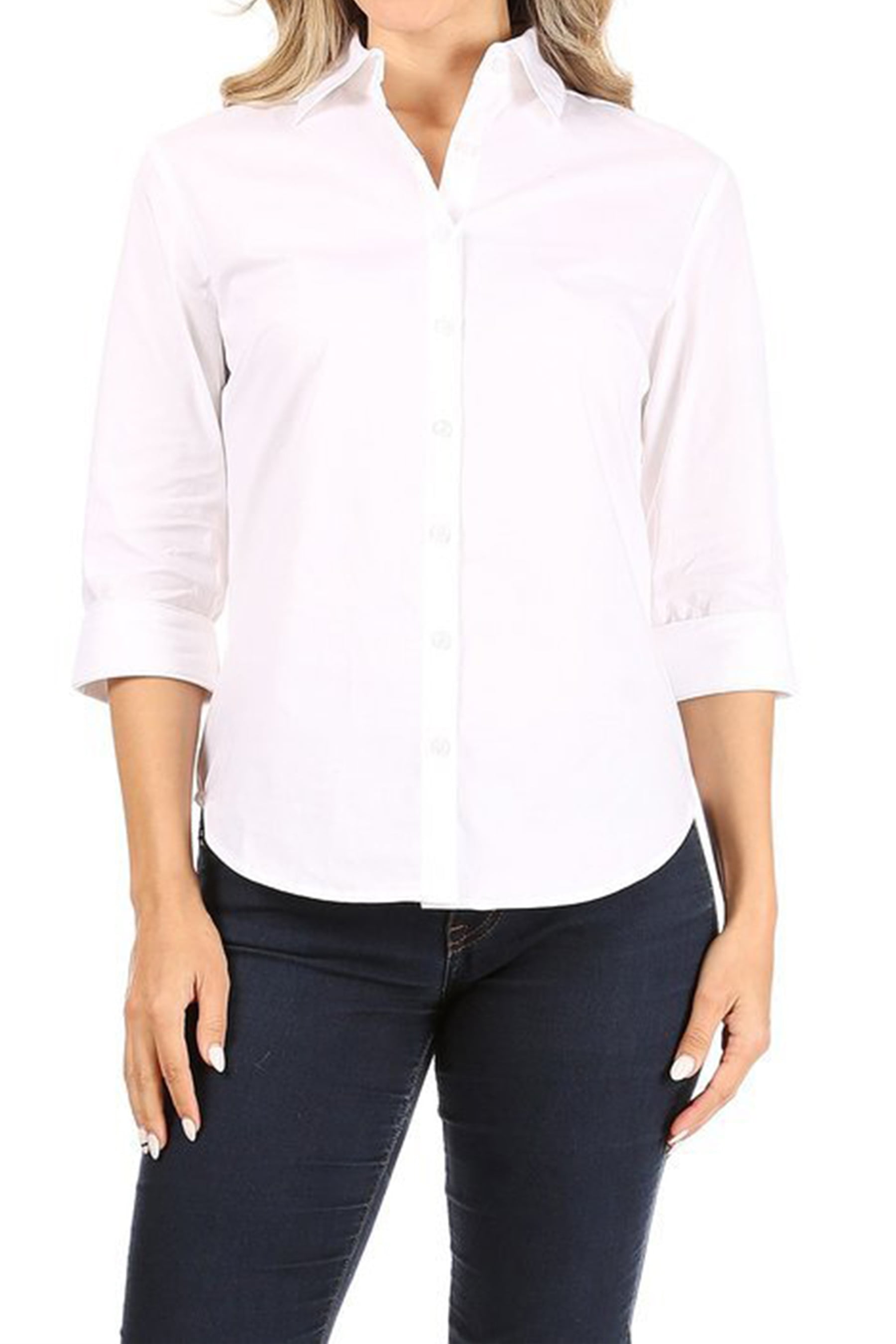 Women's Casual Stretch Button Down 3/4 Sleeve Basic Office Work Blouse ...