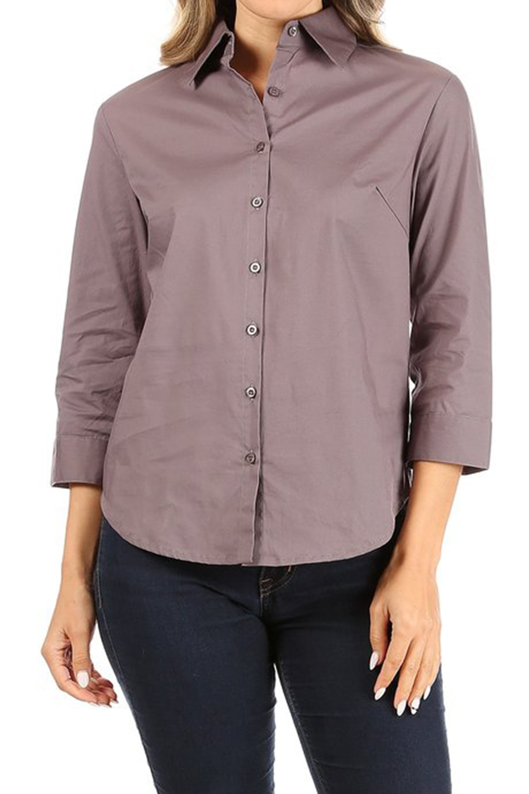 Women's Casual Stretch Button Down 3/4 Sleeve Basic Office Work Blouse ...