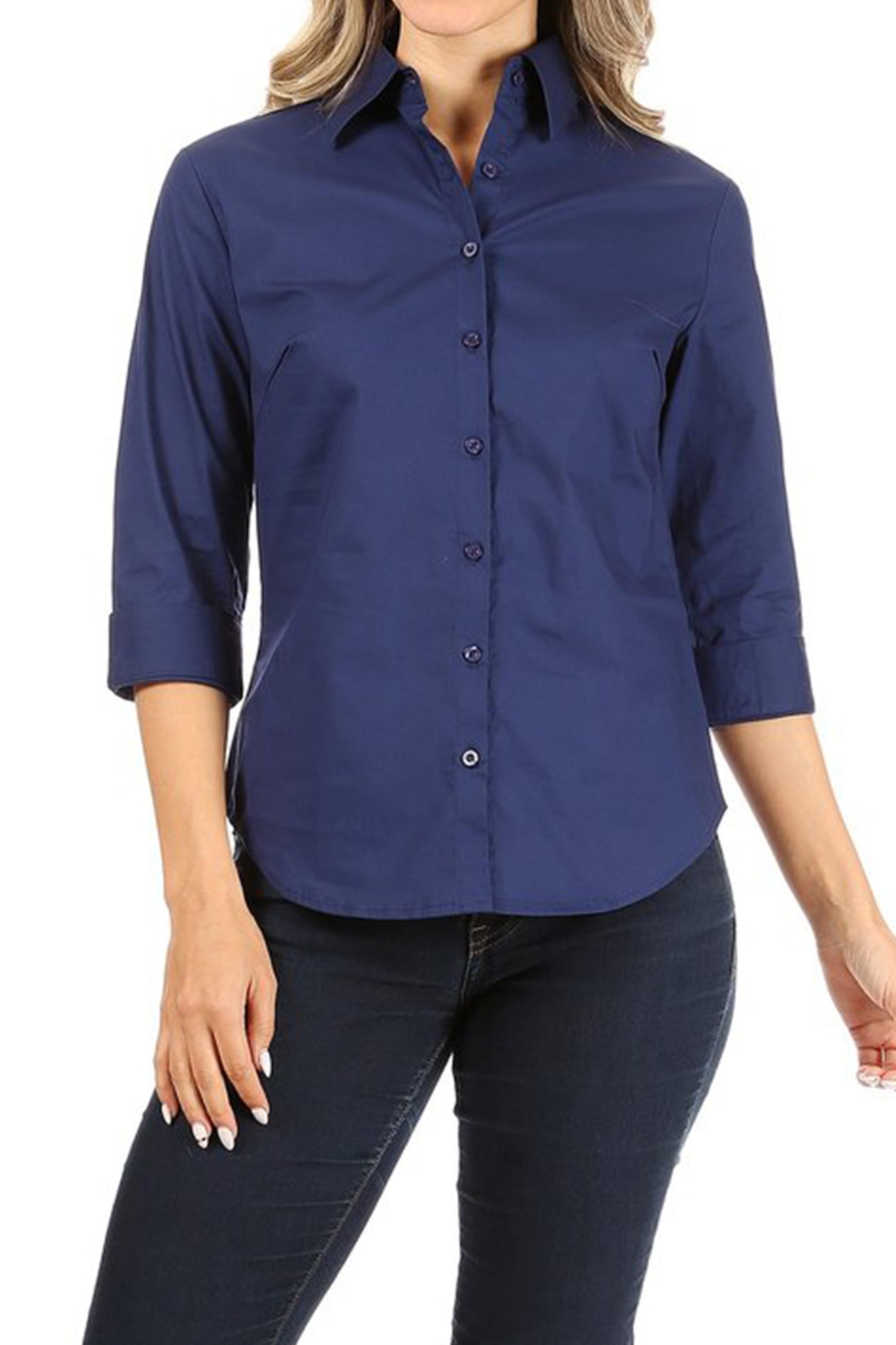 Women's Casual Stretch Button Down 3/4 Sleeve Blouse - Walmart.com