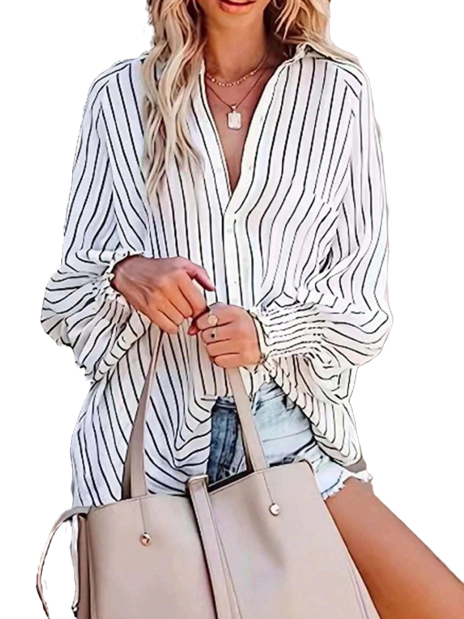 Women's Casual Striped Collar Long Sleeve Black and White Plus Size ...