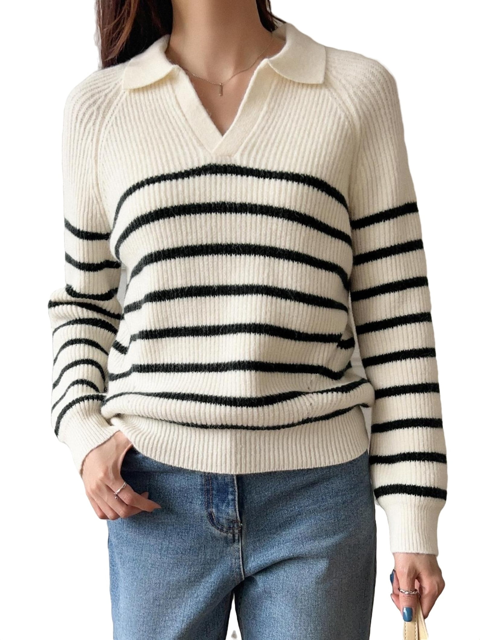Women's Casual Striped Pullovers Collar Beige Long Sleeve Sweaters M (2) - Walmart.com