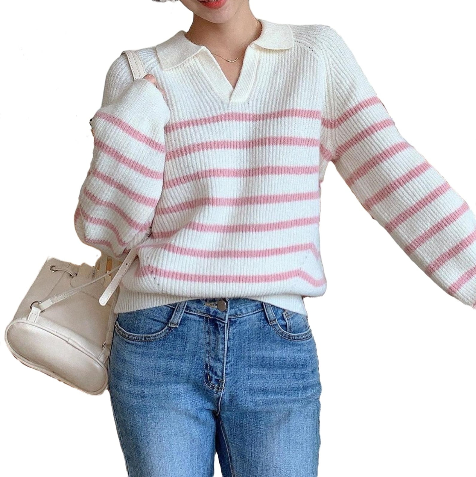 Women's Casual Striped Pullovers Collar Pink Long Sleeve Sweaters XL (6 ...