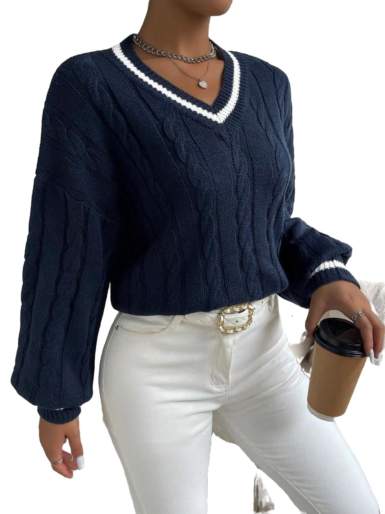 Women's Casual Striped Pullovers V neck Navy Blue Long Sleeve Sweaters ...