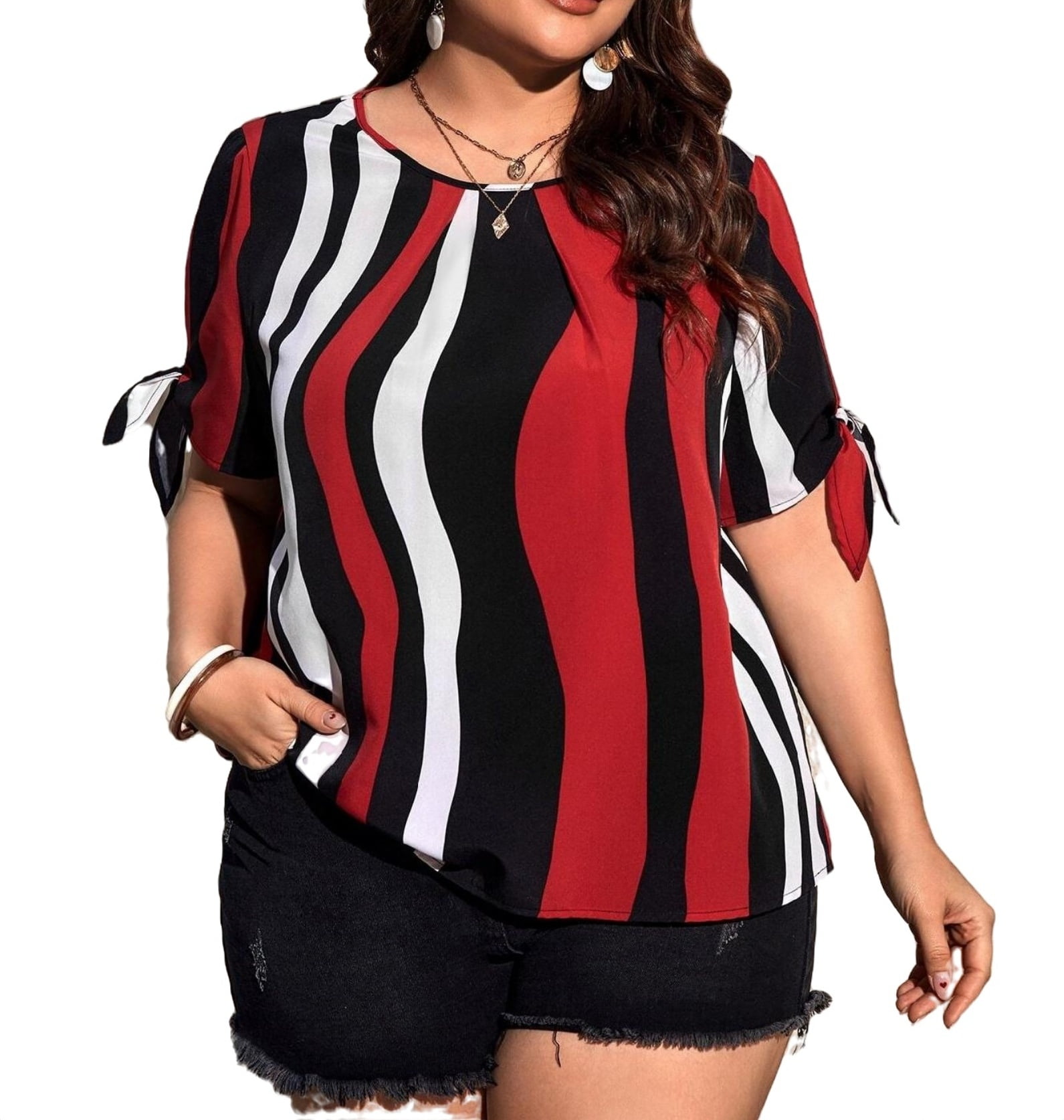 Women's Casual Striped Round Neck Short Sleeve Red Plus Size Blouses ...