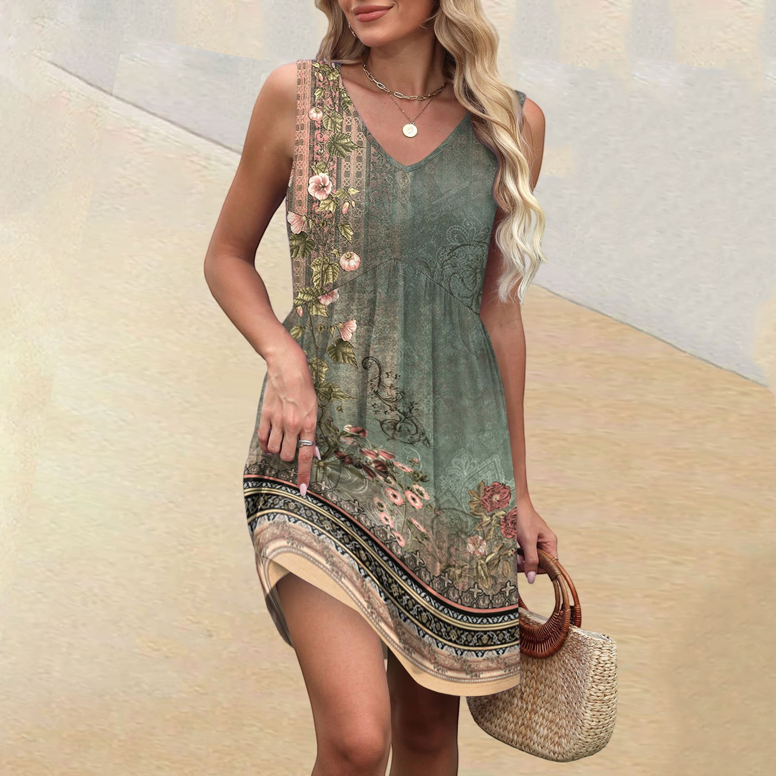 Women's Casual Summer Dresses Boho Floral Sleeveless Tank Dress Loose Fit Sundress with Pockets ...