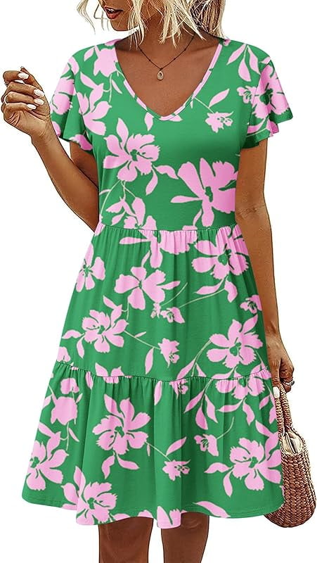 Women's Casual Tiered Dress with Pockets V Neck Ruffle Dress Cap Sleeve ...