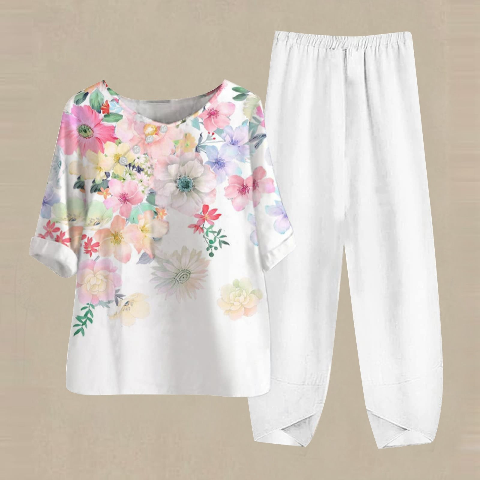 Women's Casual Trousers Suit Set Round Neck Button Down Top And Pants ...