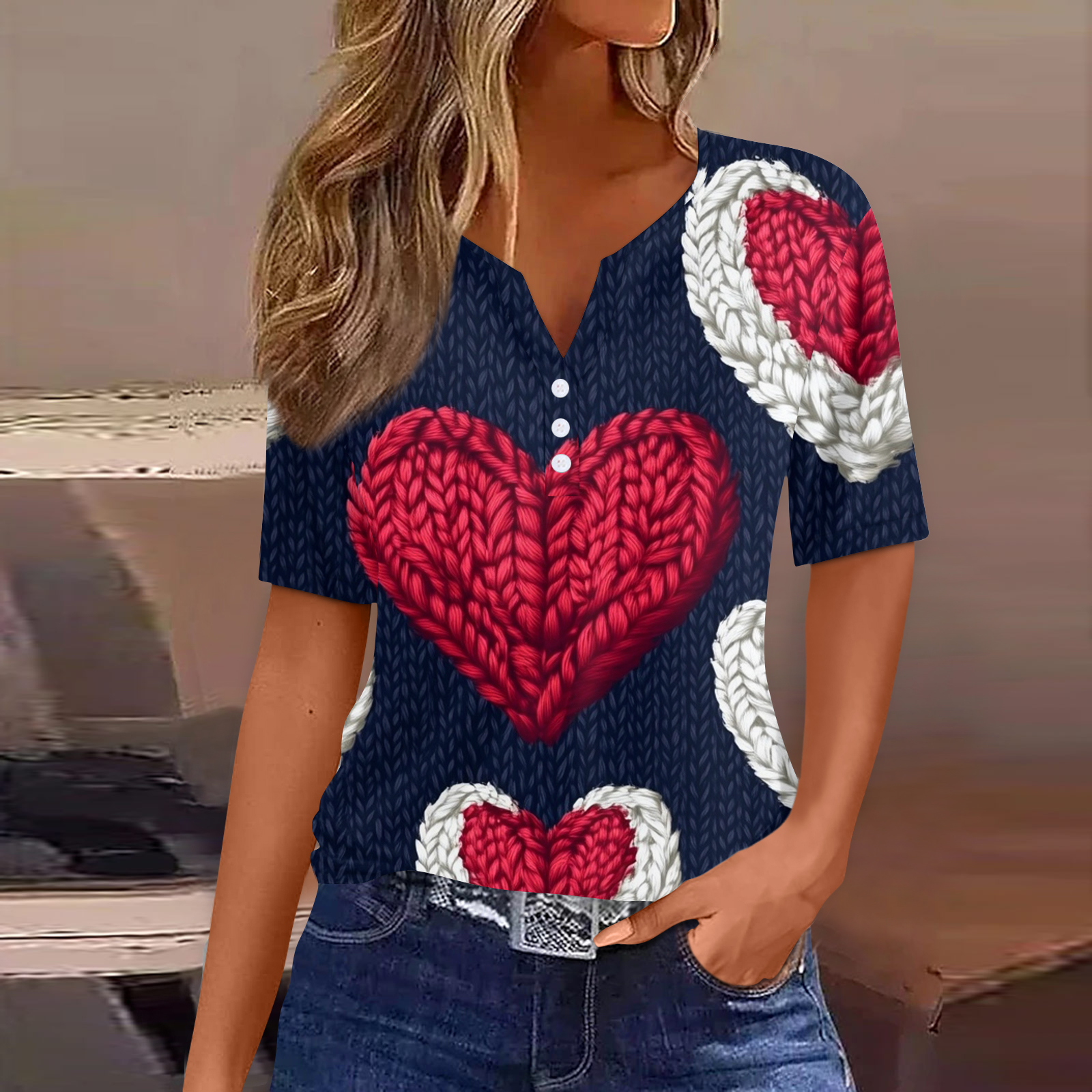 Women's Casual V-Neck Short Sleeve Tunic Top with Valentine's Day Print ...
